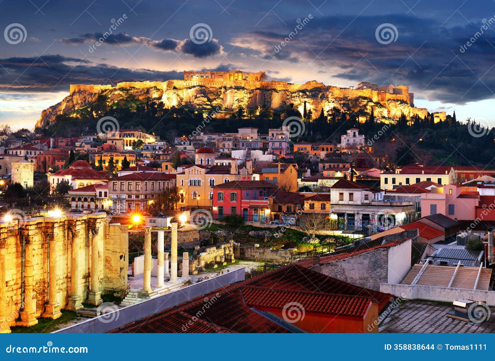 Athens Skyline with Acropolis at Night, Greece Stock Photo - Image of ...