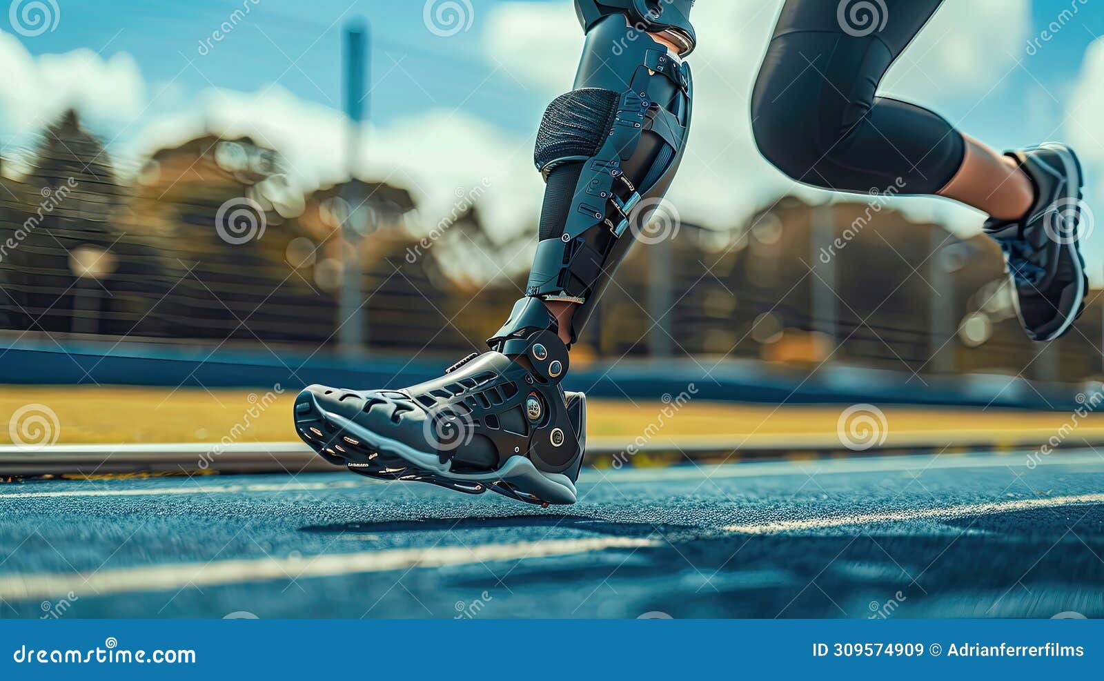 Athlete with Advanced Prosthetic Leg Sprinting on a Blue Track. Stock ...