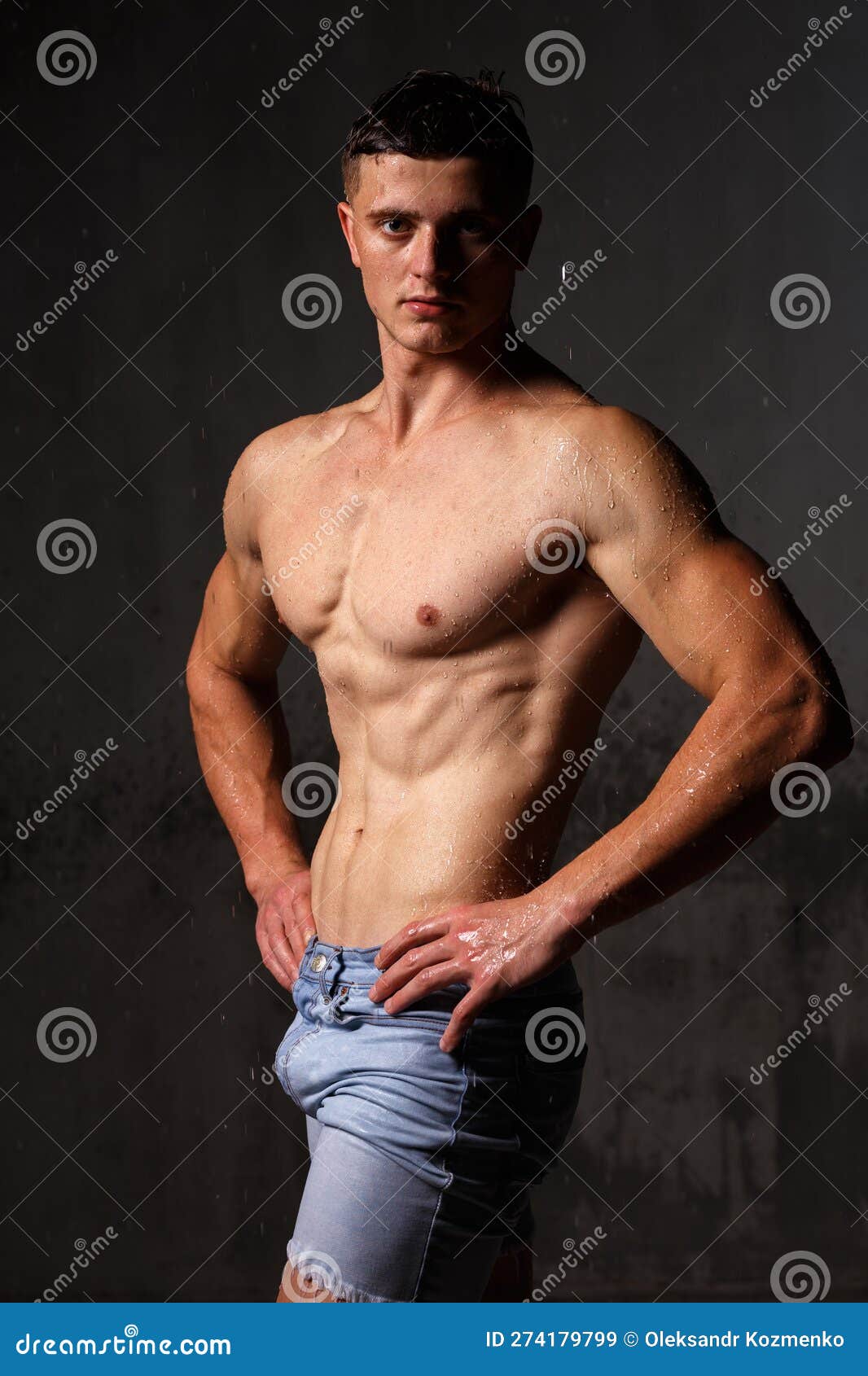 Athlete Bodybuilder Trains in the Studio in the Rain. Stock Image ...