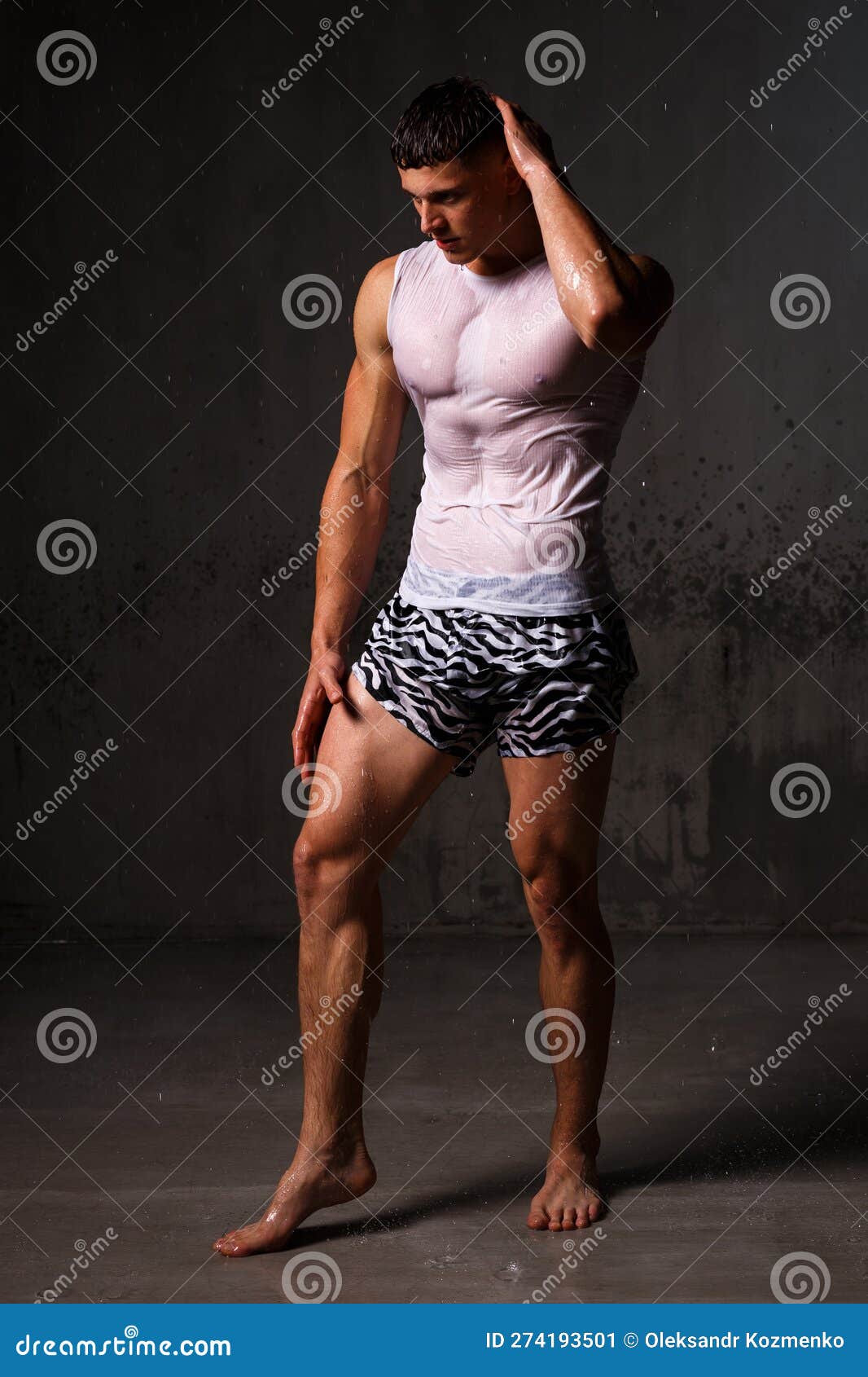 Athlete Bodybuilder Trains in the Studio in the Rain. Stock Image ...