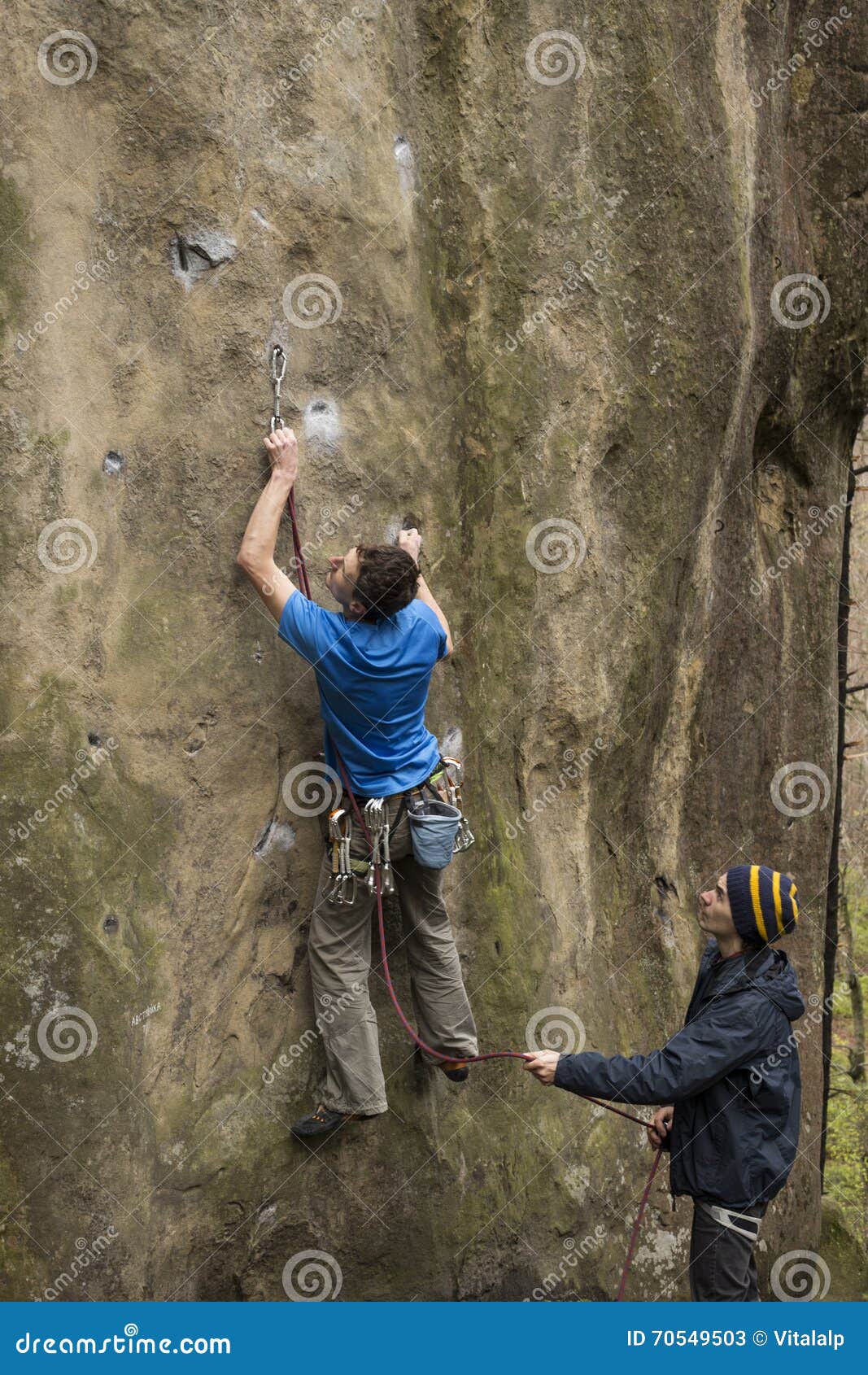 Athlete Climbs on Rock with Rope. Stock Image - Image of effort ...