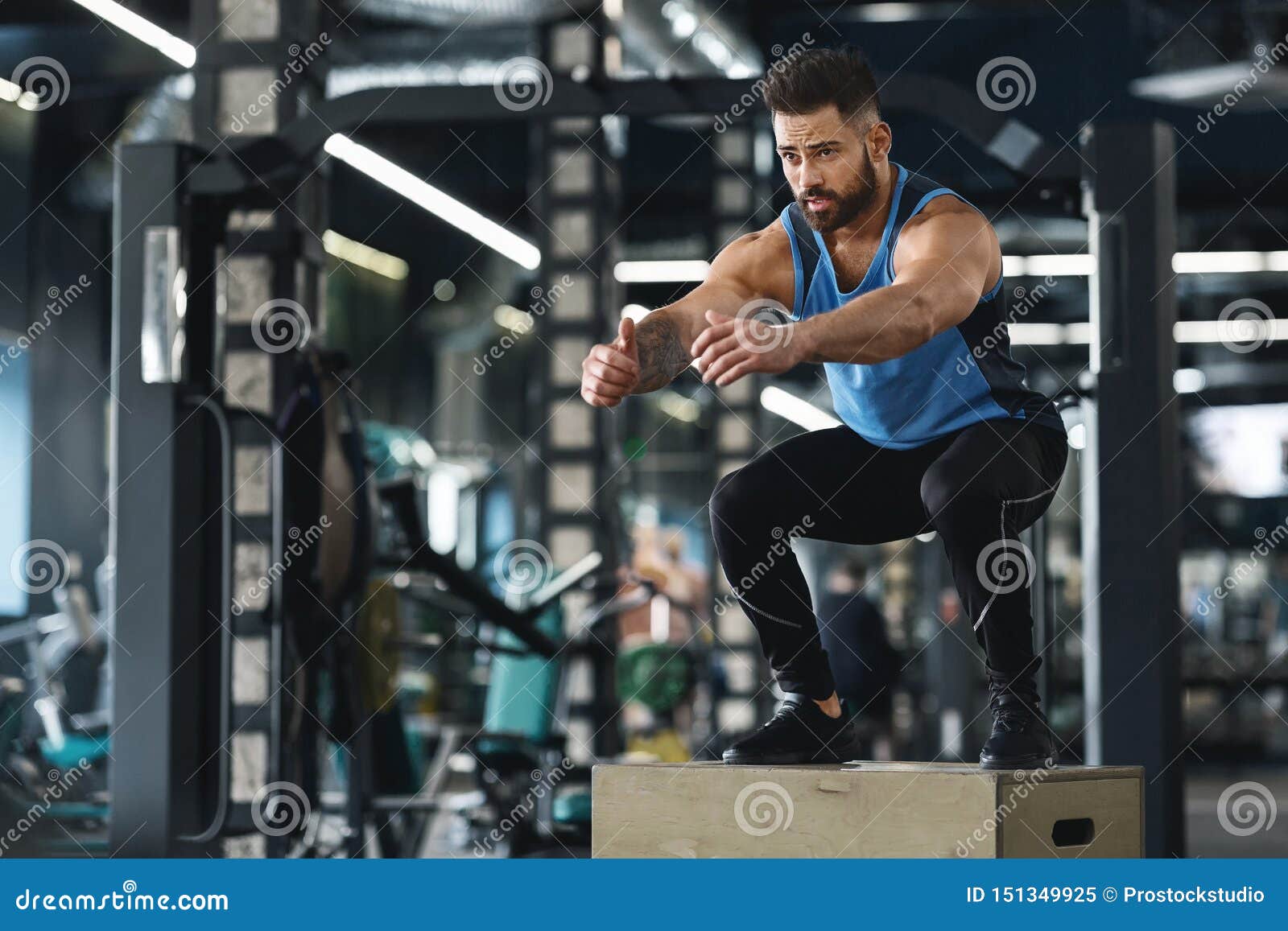 Athlete Doing Box Jump Exercise at Gym Stock Image - Image of person ...
