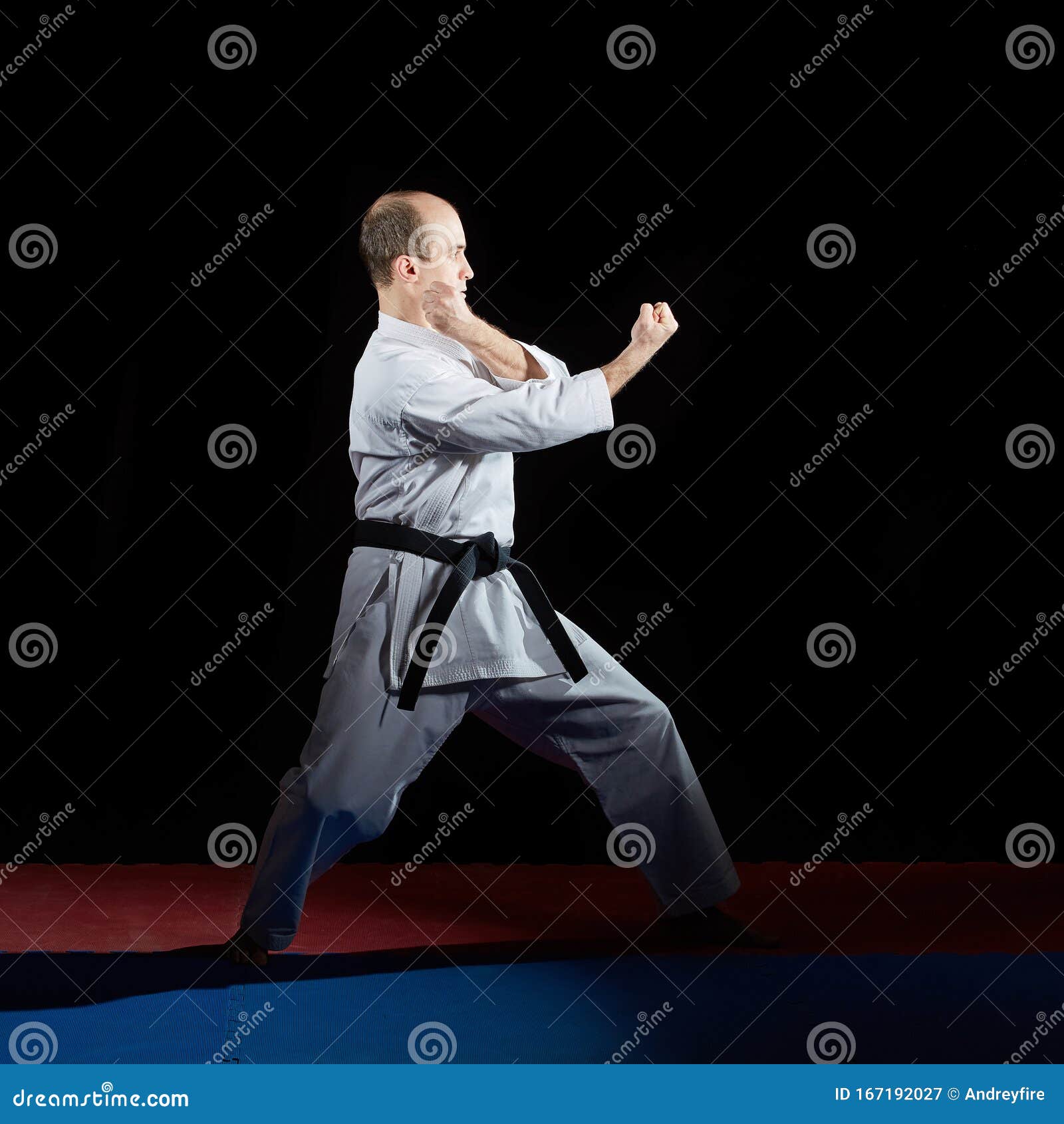Athlete Doing Formal Karate Exercises on Red and Blue Tatami Stock ...