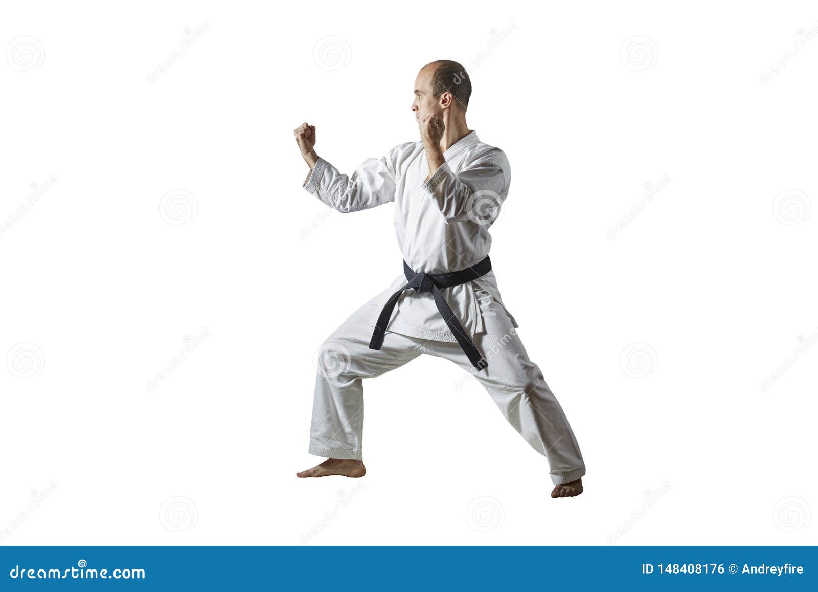 Black Belt Athlete Doing Formal Karate Exercises on a White Isolated ...