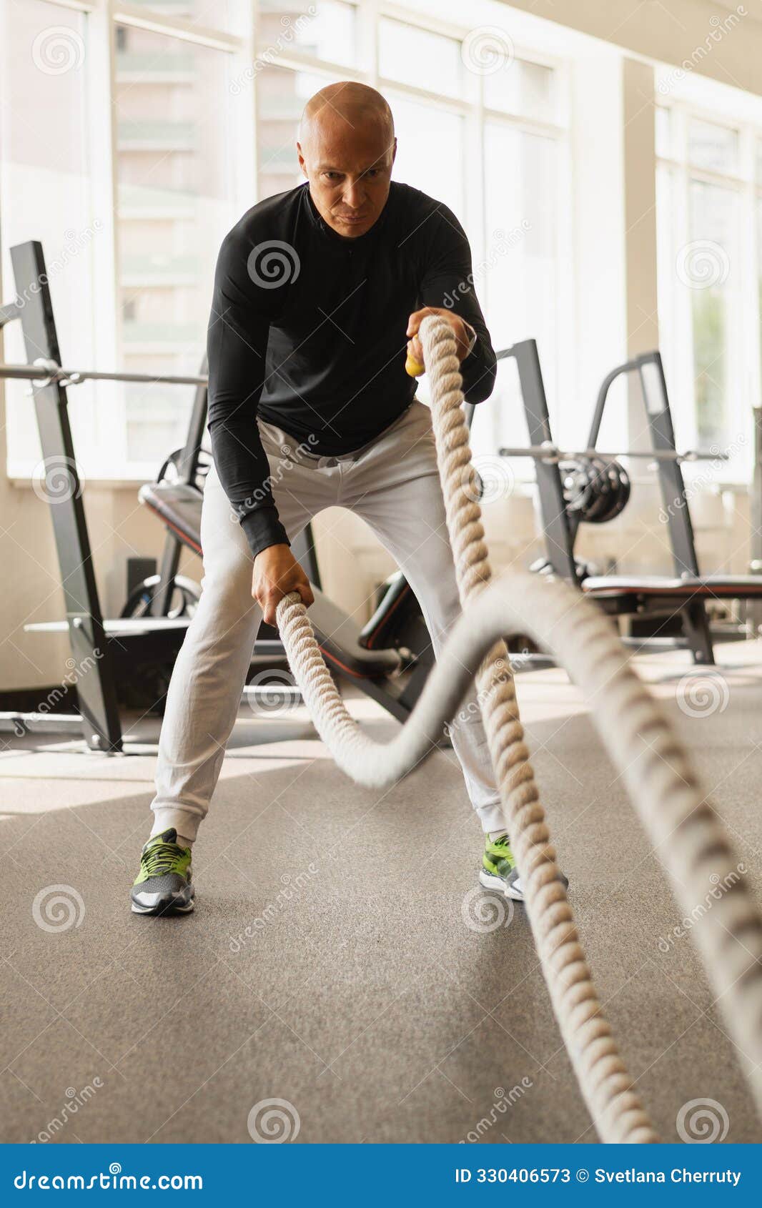 Athlete Man Make Battle Ropes Exercise at Gym. Stock Image - Image of ...