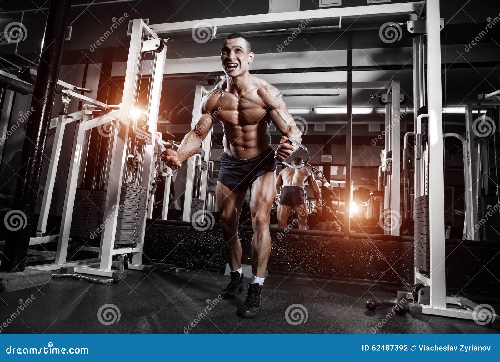 Athlete Muscular Bodybuilder Man Demonstrates His Muscles In The Gym ...