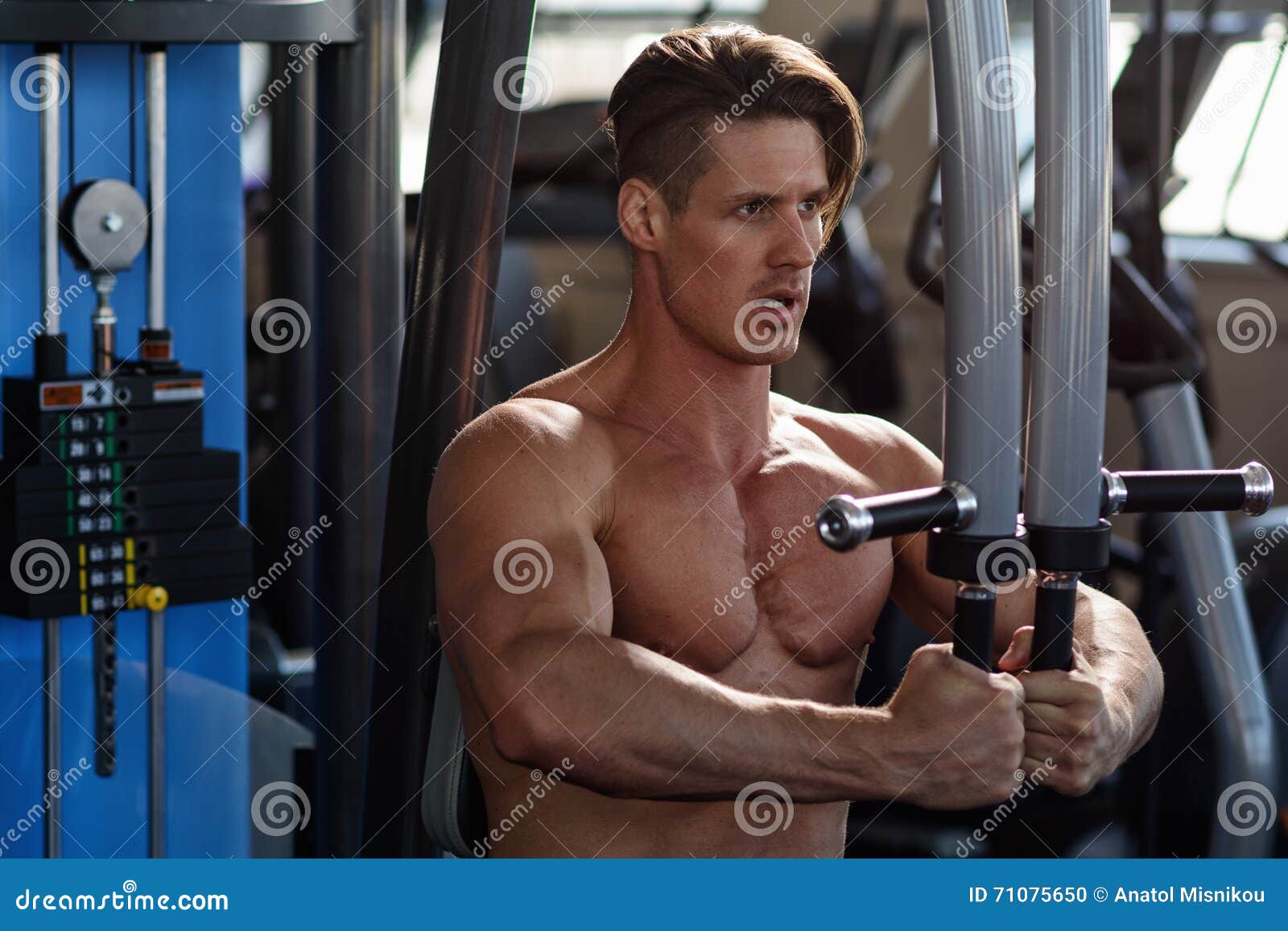 Athlete Muscular Bodybuilder Training on Simulator in the Gym. Stock ...