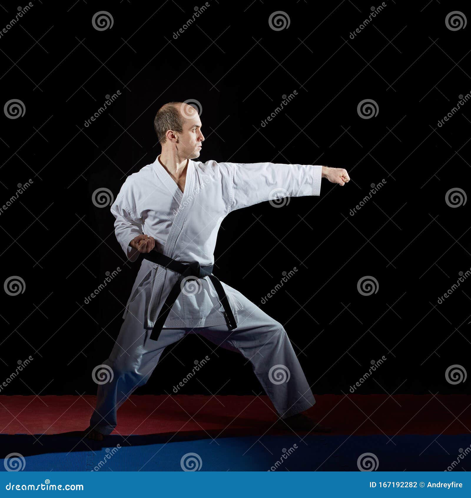 Athlete Performs Formal Karate Exercises on Red and Blue Tatami Stock ...