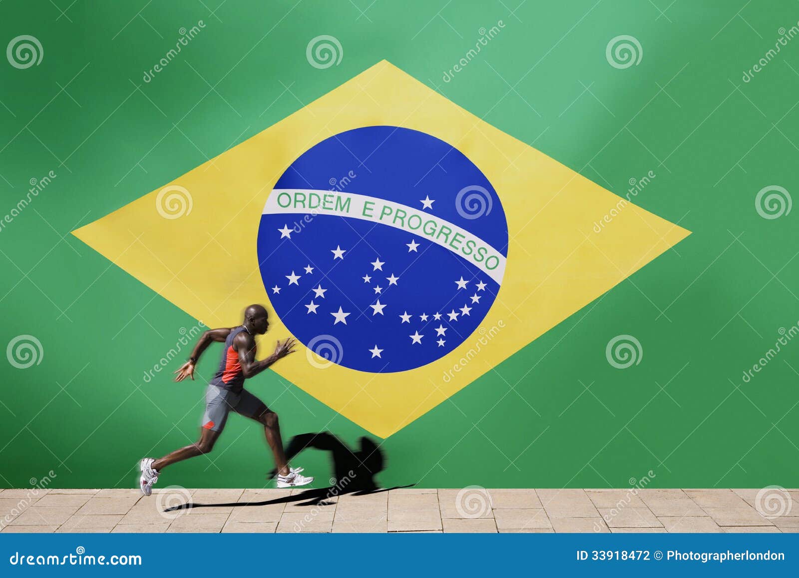 Athlete Running Past Brazilian Flag Stock Photo - Image of fitness ...