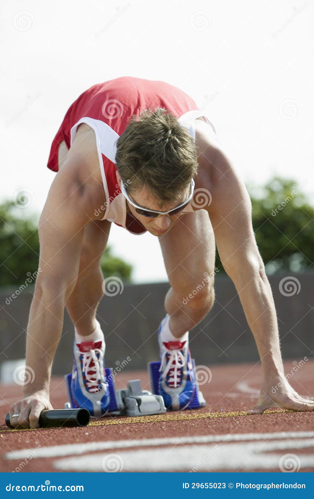 Athlete in Starting Blocks with Baton Stock Image - Image of health ...