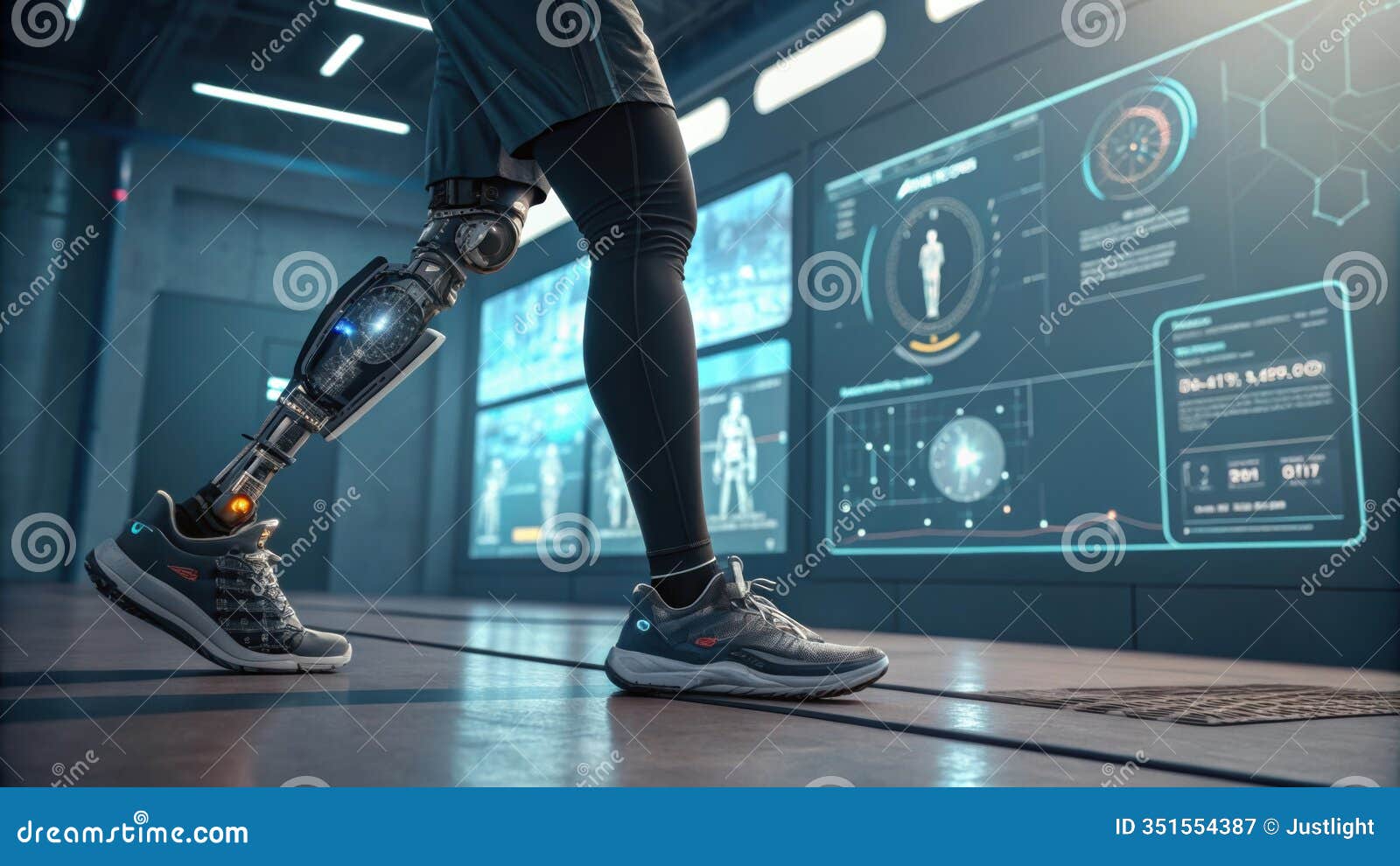 Athlete Walking with Futuristic Bionic Leg in High Tech Laboratory ...
