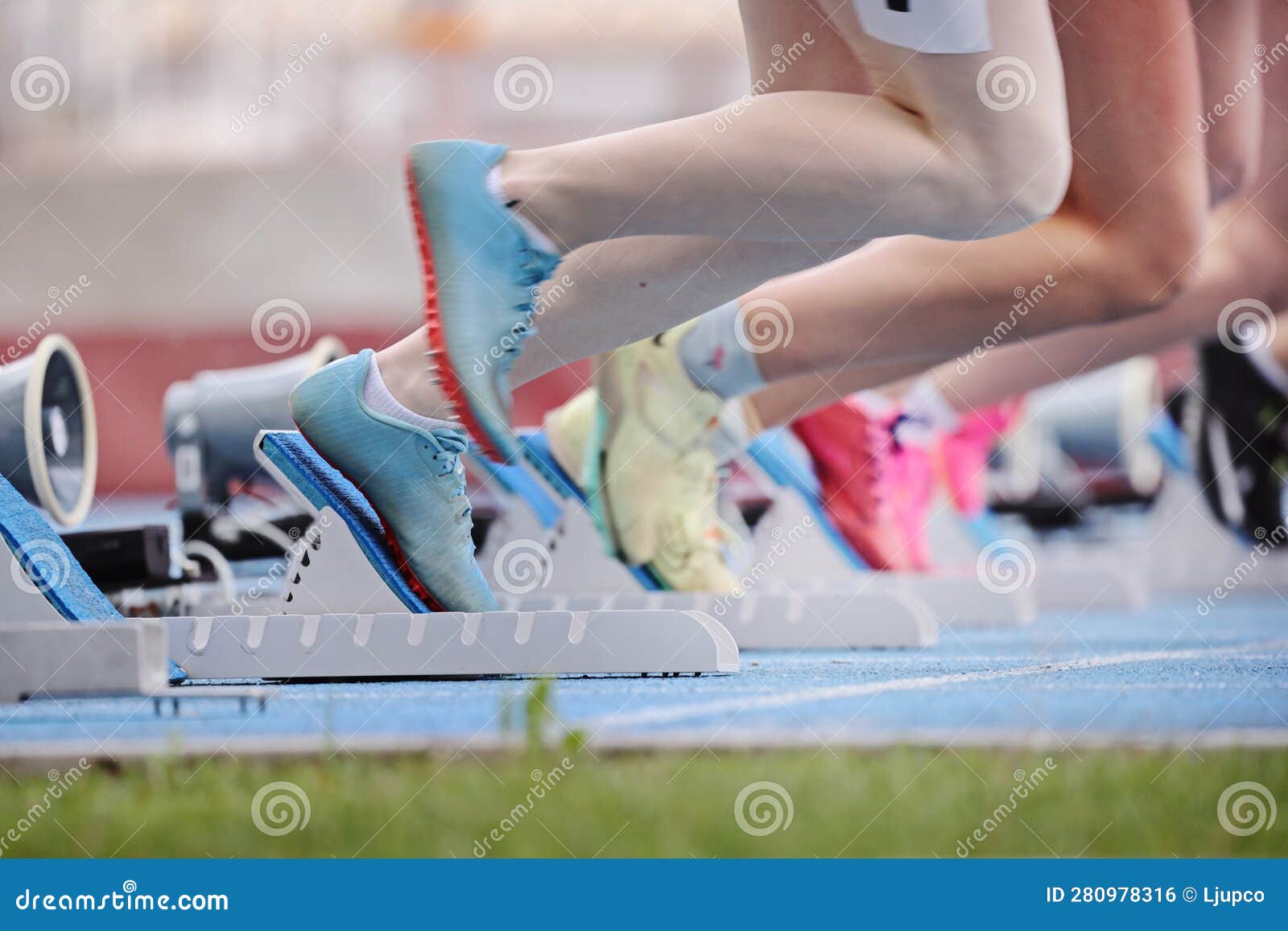 Athletes Beginning a Race on Starting Blocks Stock Photo - Image of ...