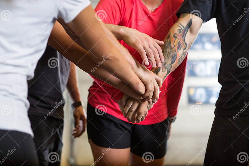 Athletes Stacking Hands at Gym Stock Image - Image of caucasian, person ...