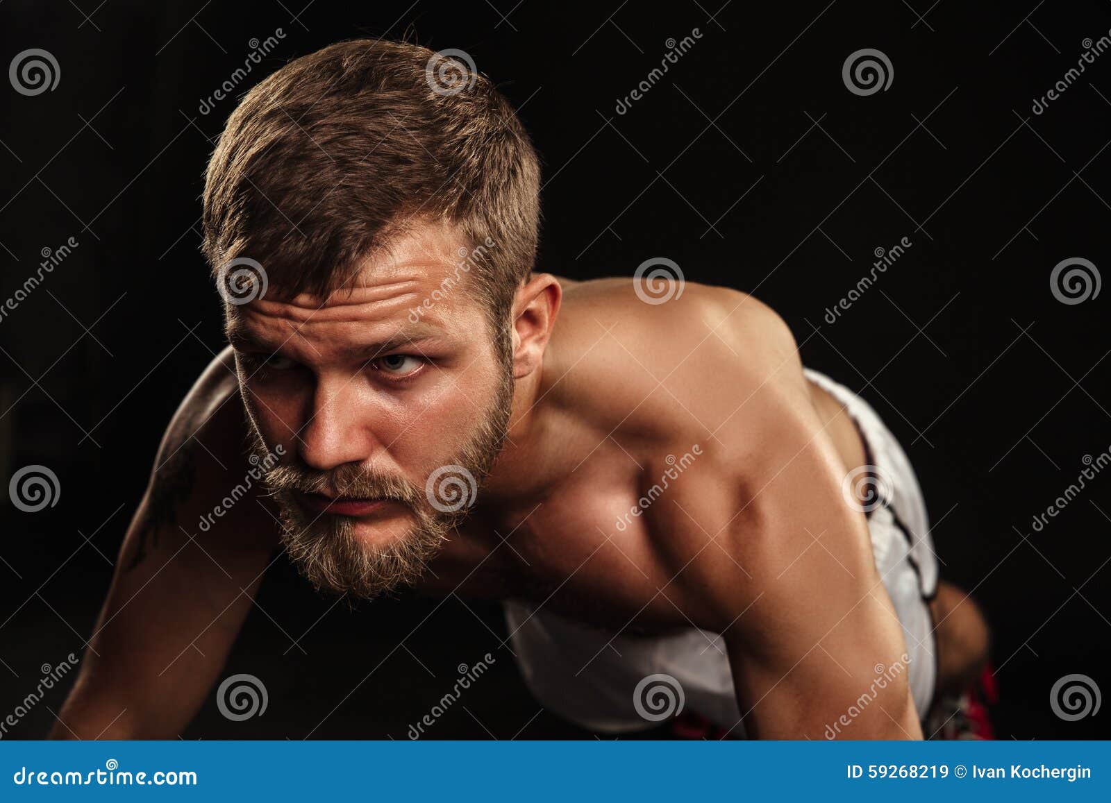 Athletic Bearded Boxer with Gloves on a Dark Background Stock Image ...