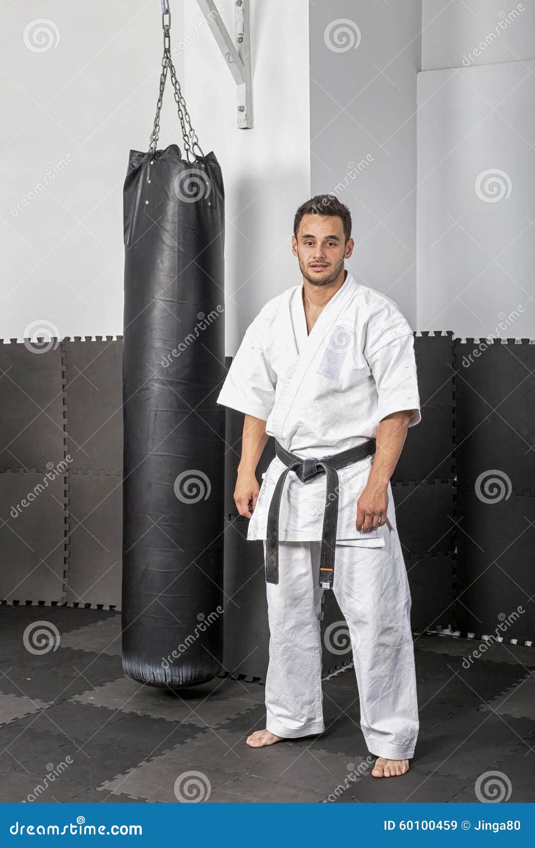 Athletic Black Belt Karate Standing Next a Boxing Ba Stock Image ...