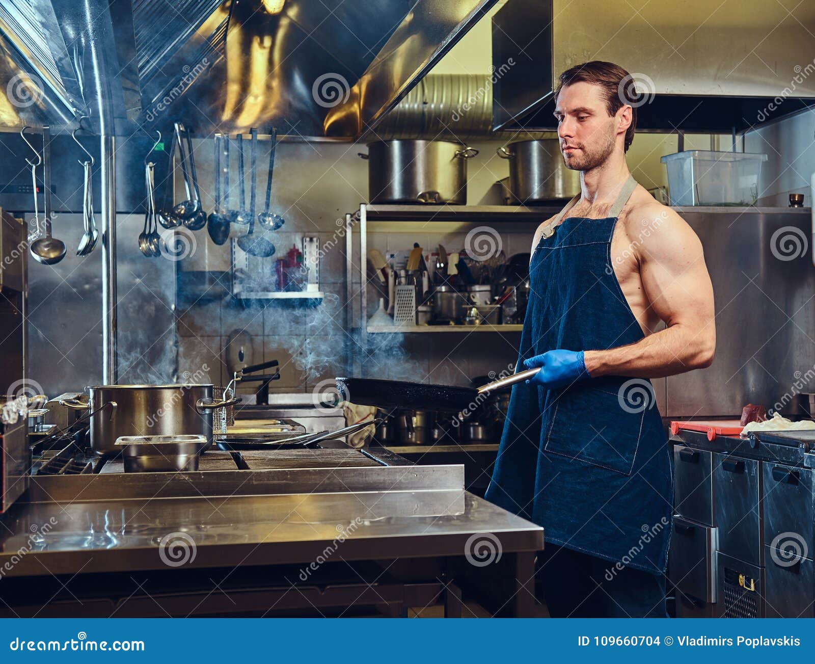 The Chef Preparing Meat on a Dry Pan. Stock Photo - Image of ...