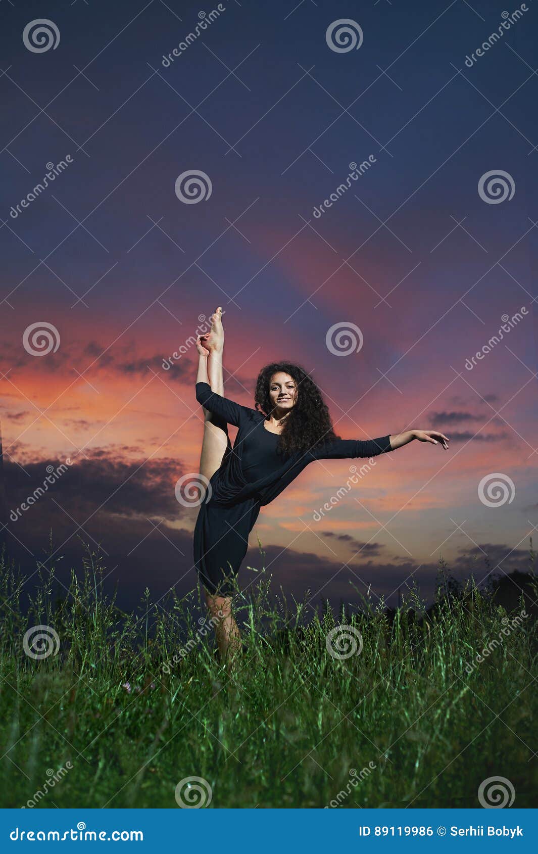 Athletic, Curly Dancer Performs Vertical Side Splits Stock Photo ...