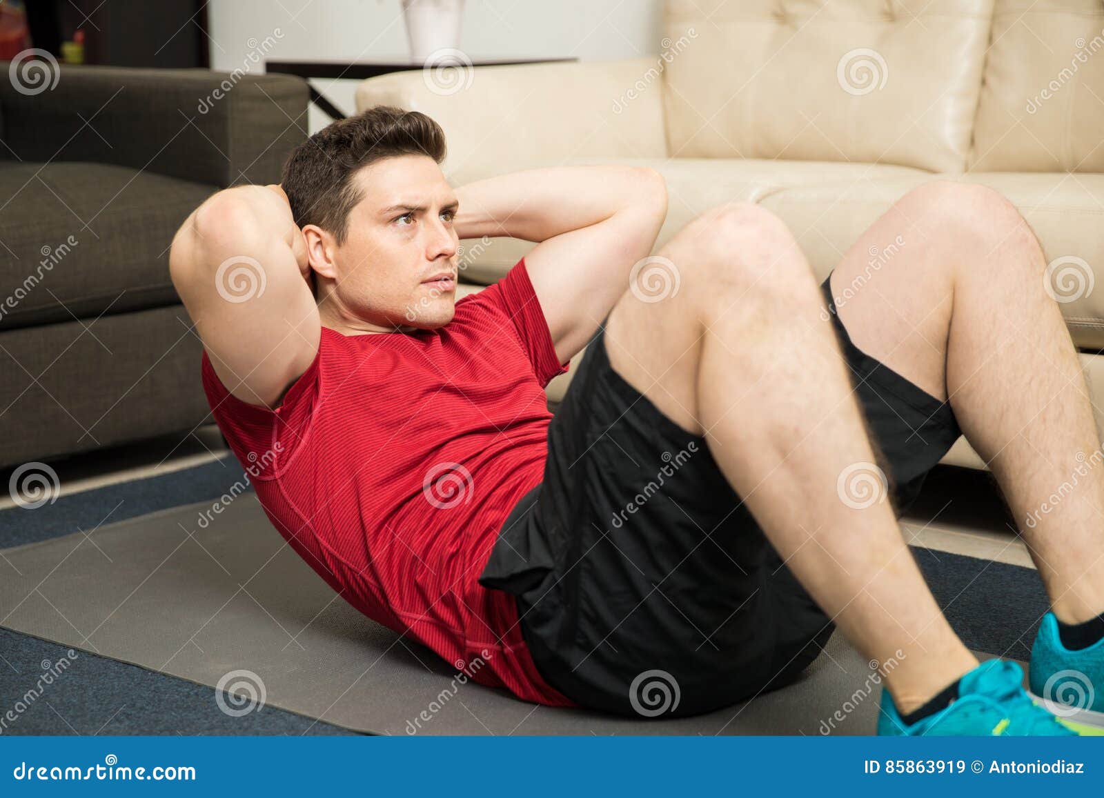 Athletic Man Doing Crunches at Home Stock Image - Image of workout ...
