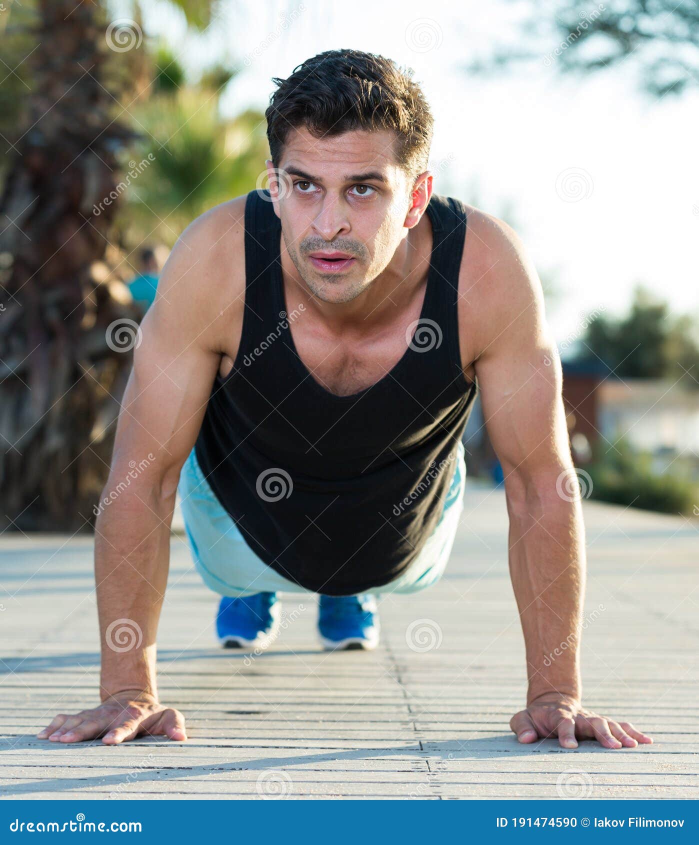 Athletic Man Doing Press Up Exercises Stock Photo - Image of outside ...