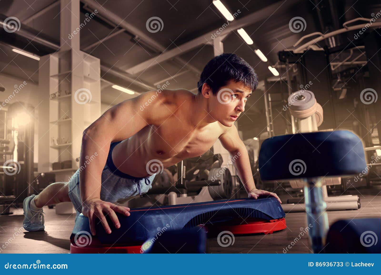 Athletic Man is Pushed To the Floor in the Gym Stock Image - Image of ...