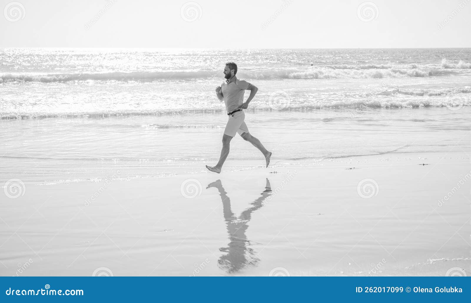 Barefoot Sprinter. Sport Athlete Run Fast To Win In Sea Daytime ...