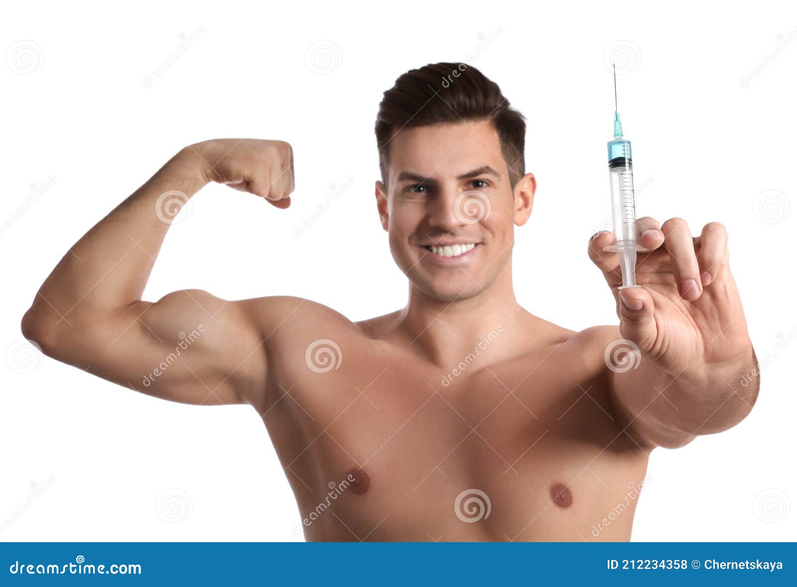 Athletic Man with Syringe on White Background. Doping Concept Stock ...