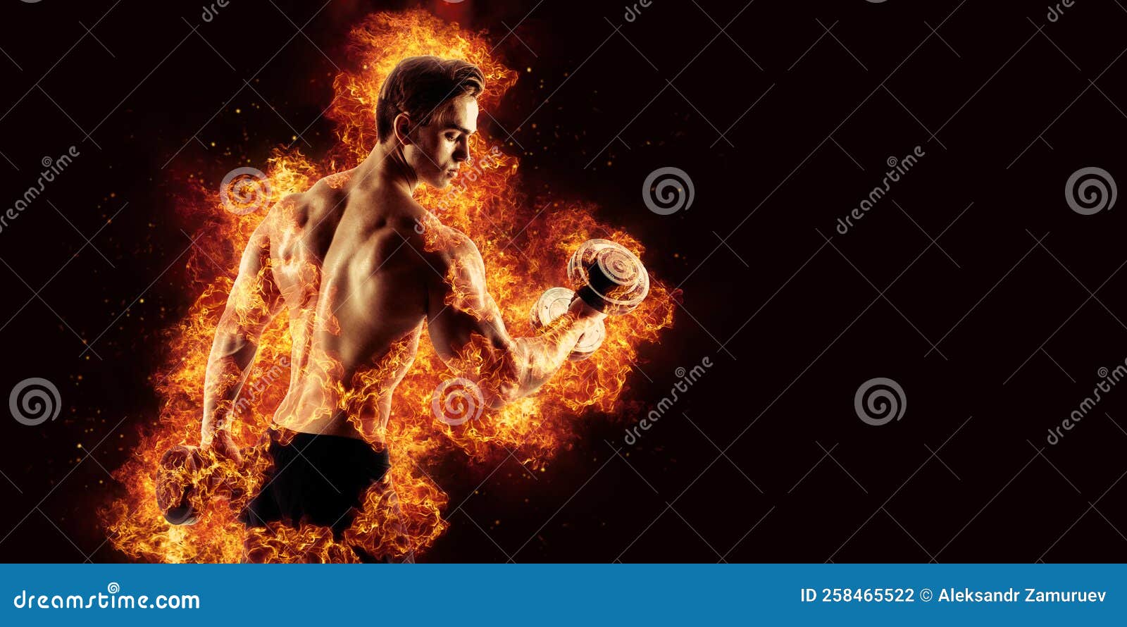Athletic Man Training Biceps at the Gym with Fire Effect Stock Photo ...