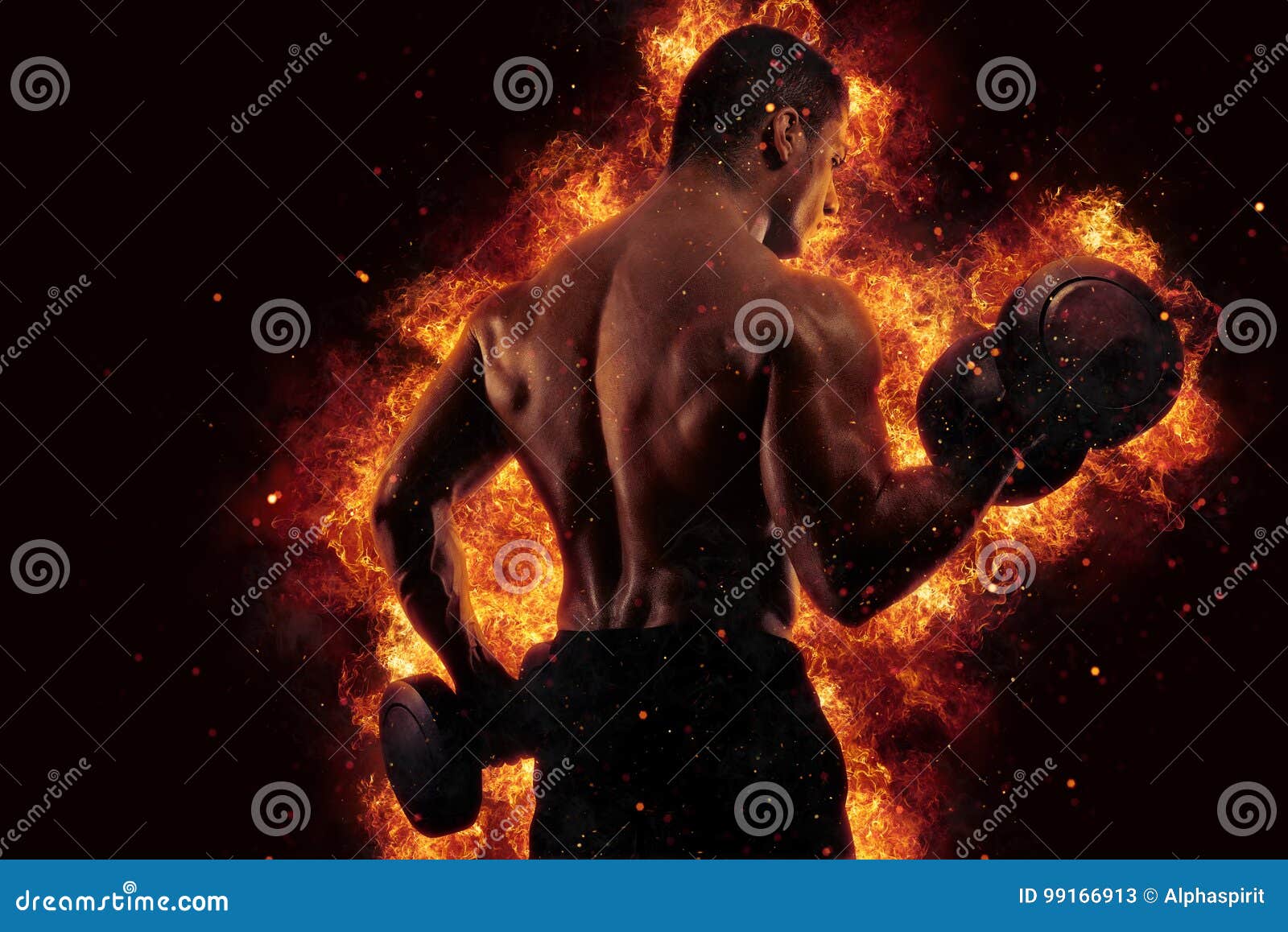 Athletic Man Training Biceps at the Gym with Fire Effect Stock Image - Image of bodybuilder ...