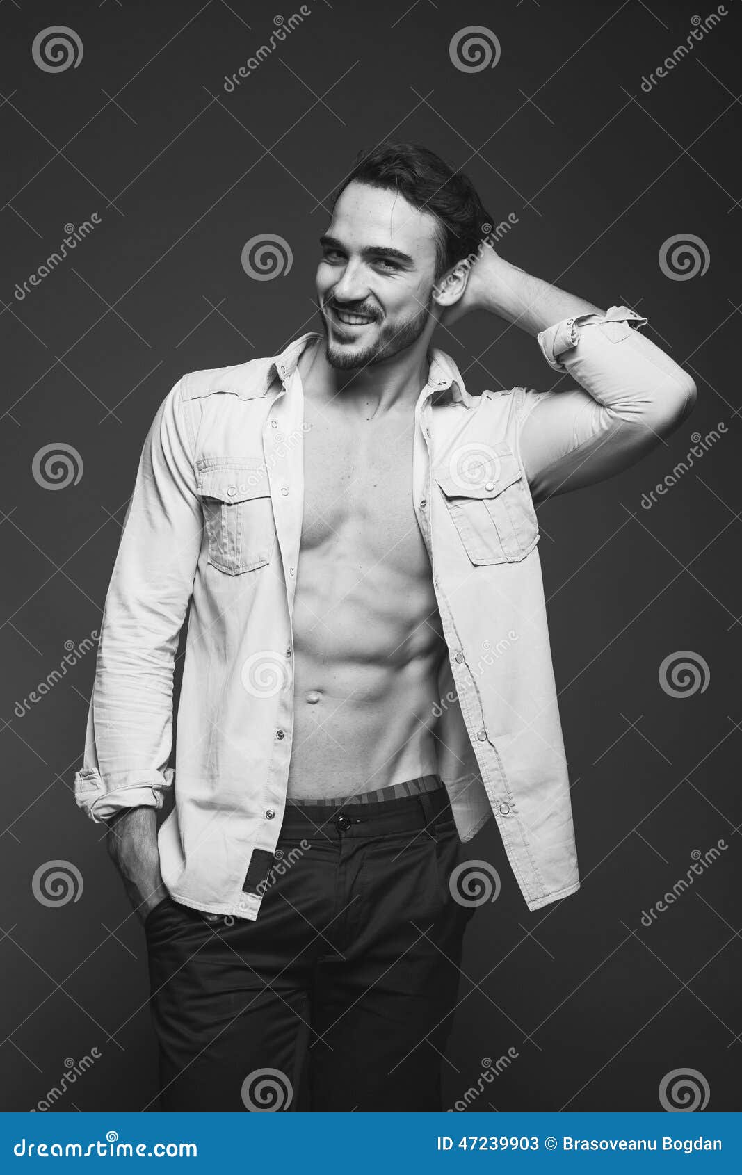 Athletic Man with Unbuttoned Shirt, Black and White Stock Image - Image ...
