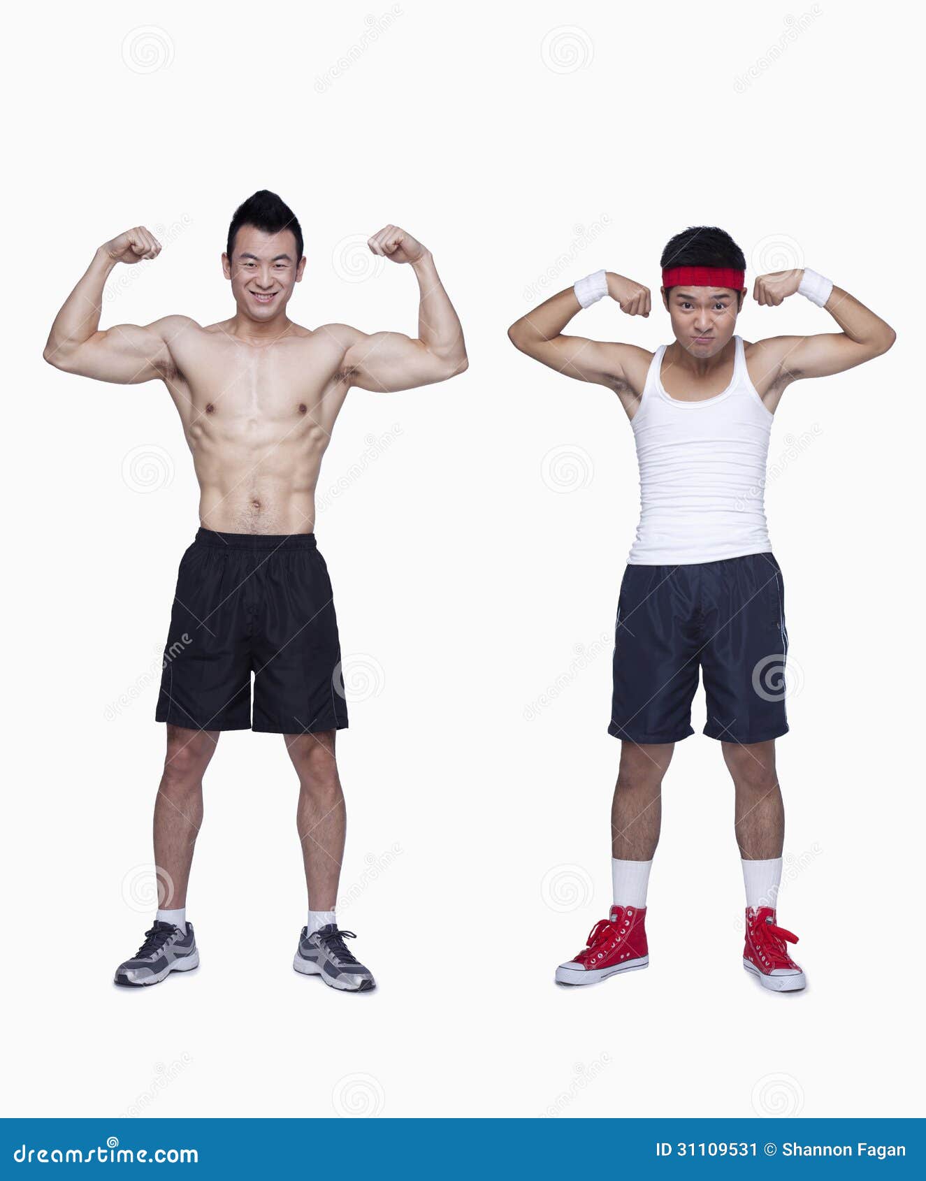 Athletic Man and Workout Beginner Flexing Biceps, Opposite, Studio Shot ...