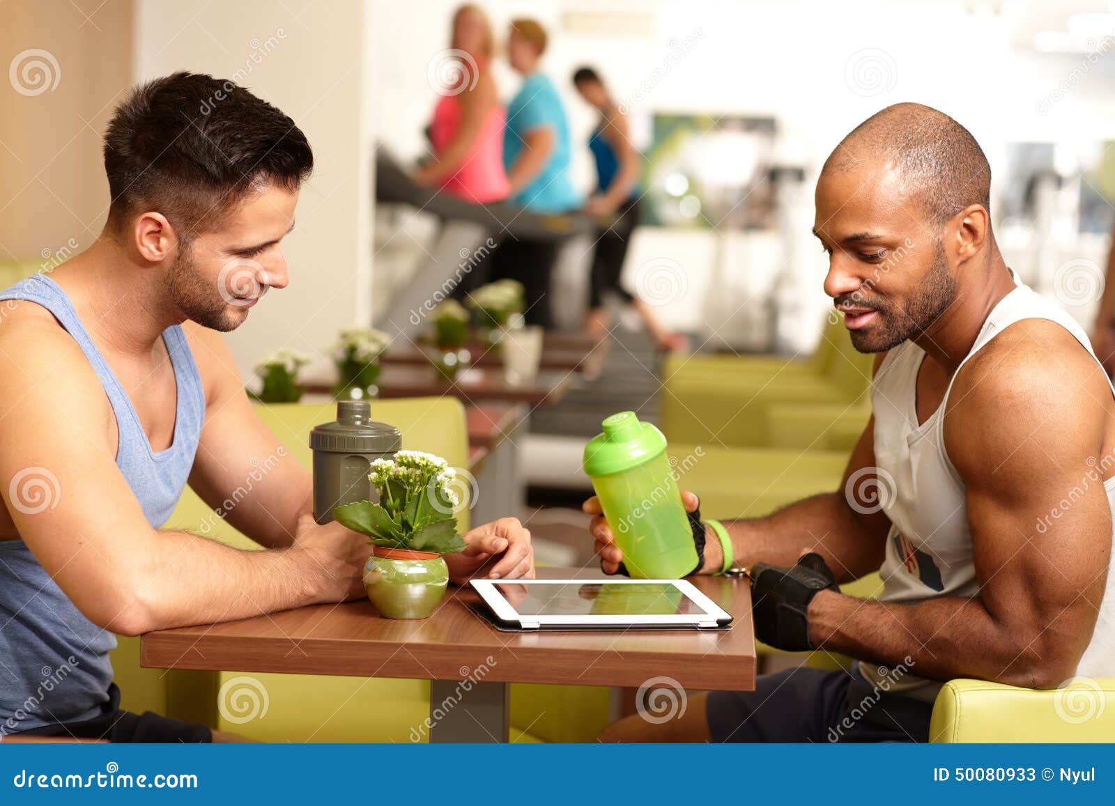 Athletic Men in Gym Having Break Stock Image - Image of brown, chat ...