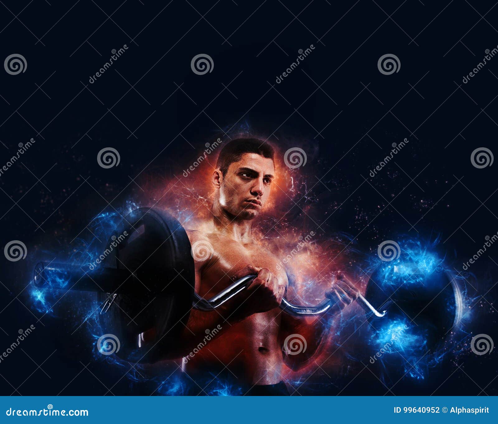 Athletic Man Training Biceps with Energy Light Effect Stock Photo ...