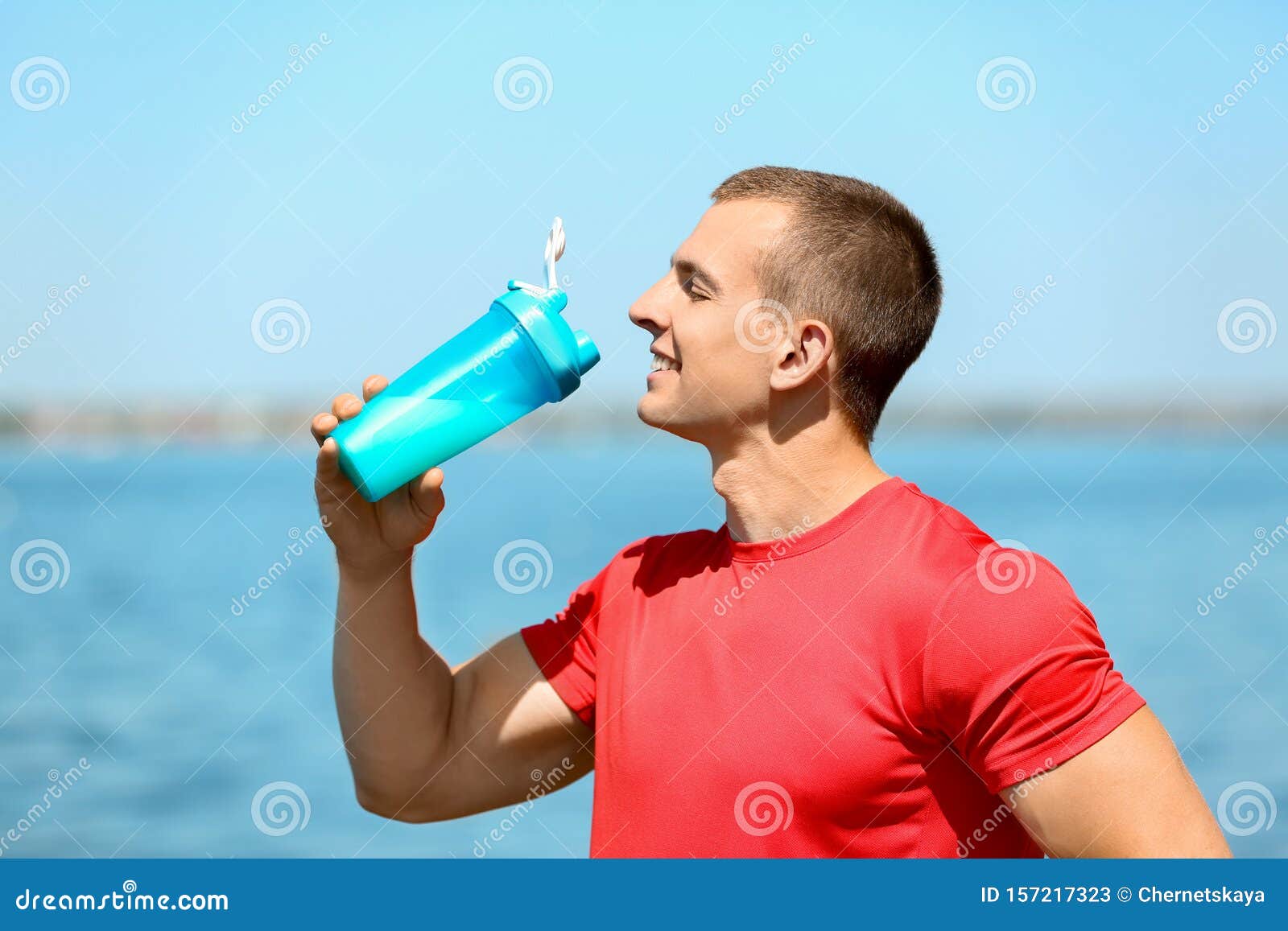 Athletic Young Man Drinking Protein Shake Stock Image - Image of adult ...