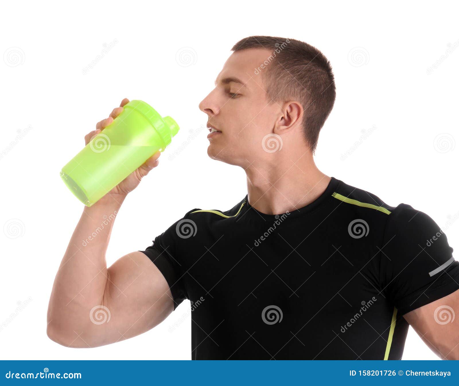 Athletic Young Man Drinking Shake on White Background Stock Photo ...