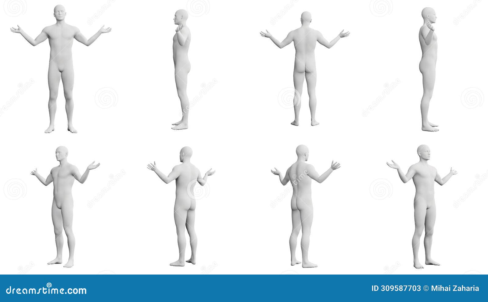 Athletic Young Man Standing with Arms Out, Multiple Views (side, Front ...