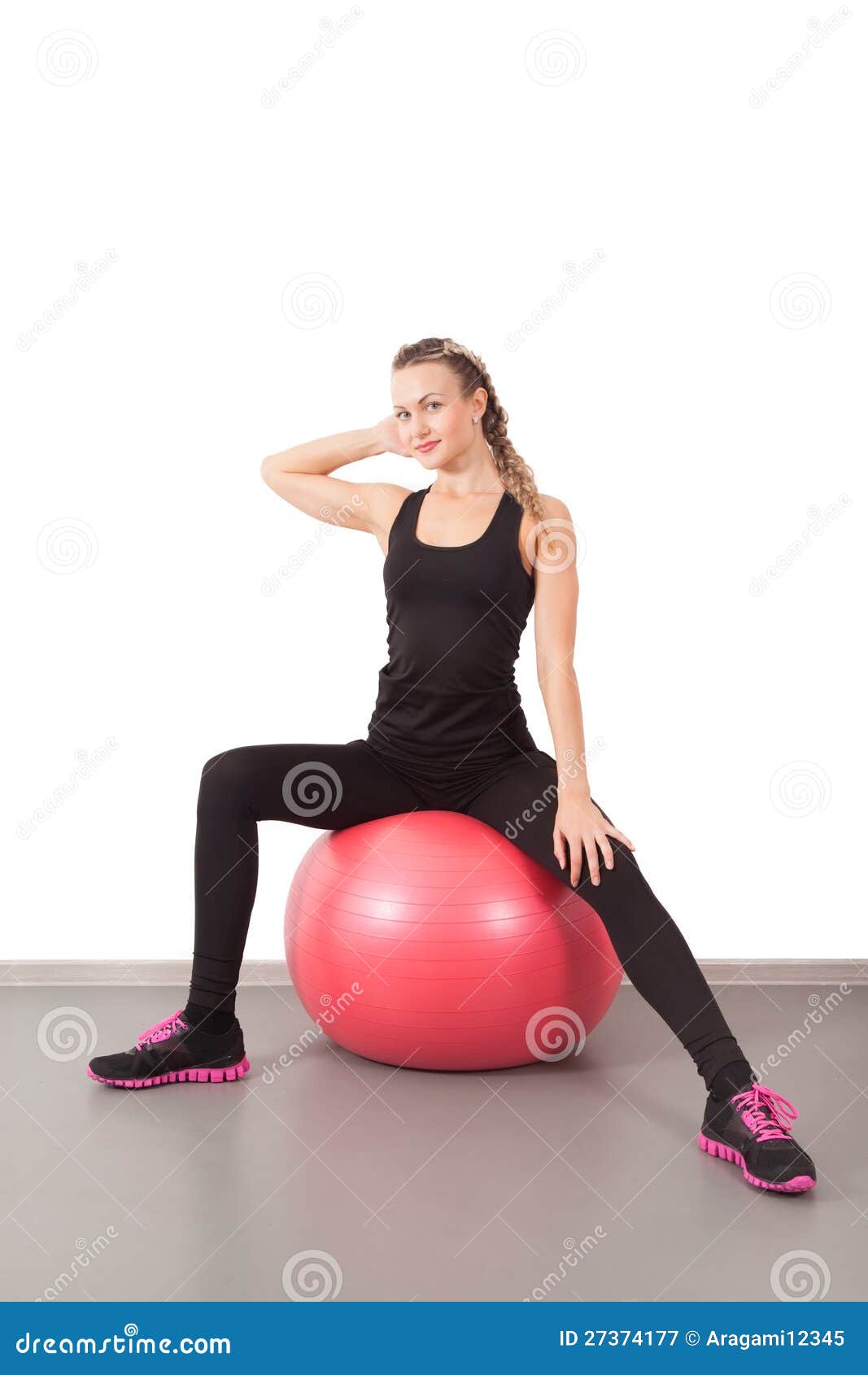 Athletic Young Woman on Red Ball Stock Image - Image of muscular ...