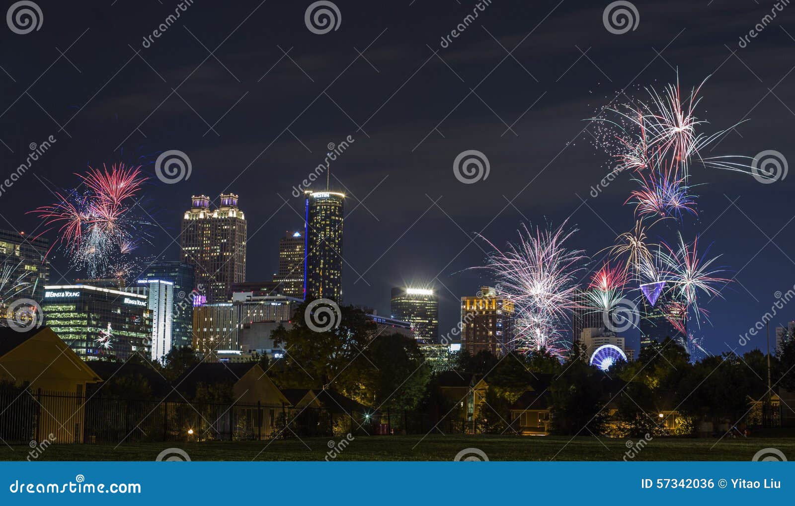 Atlanta Downtown Night Skyline And Fireworks Editorial Image ...