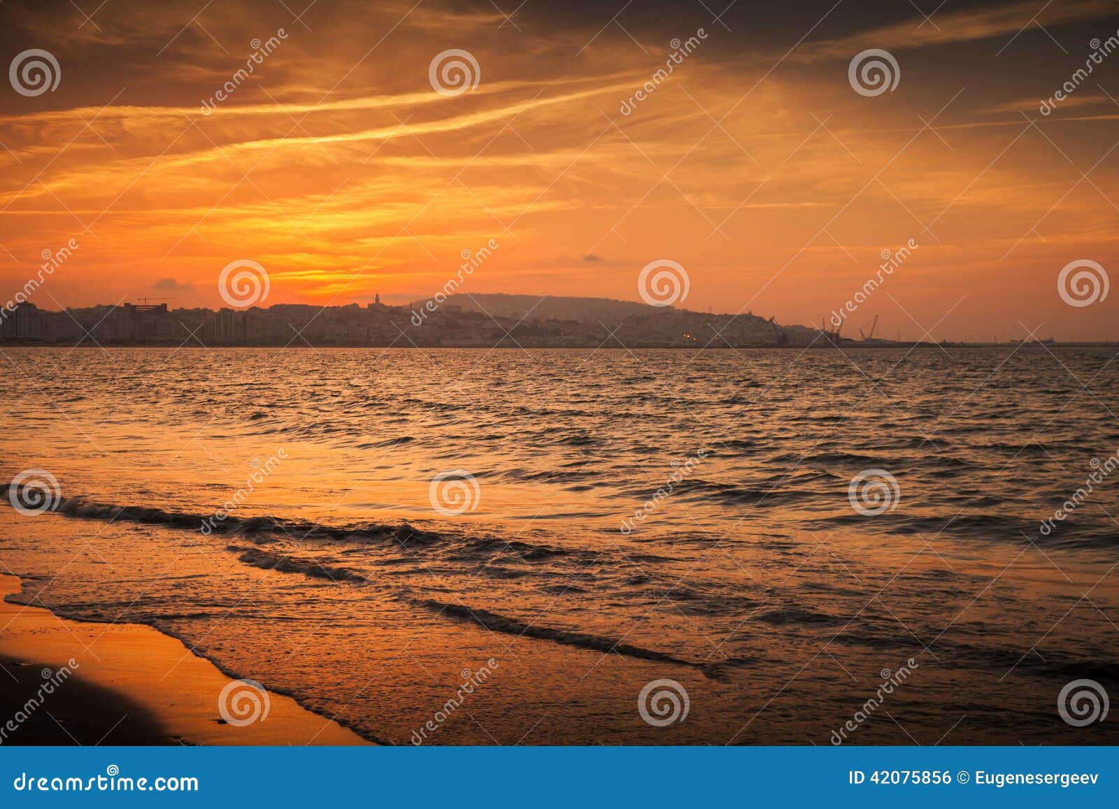 Atlantic Ocean, Red Sunset. Tangier, Morocco Stock Photo - Image of ...