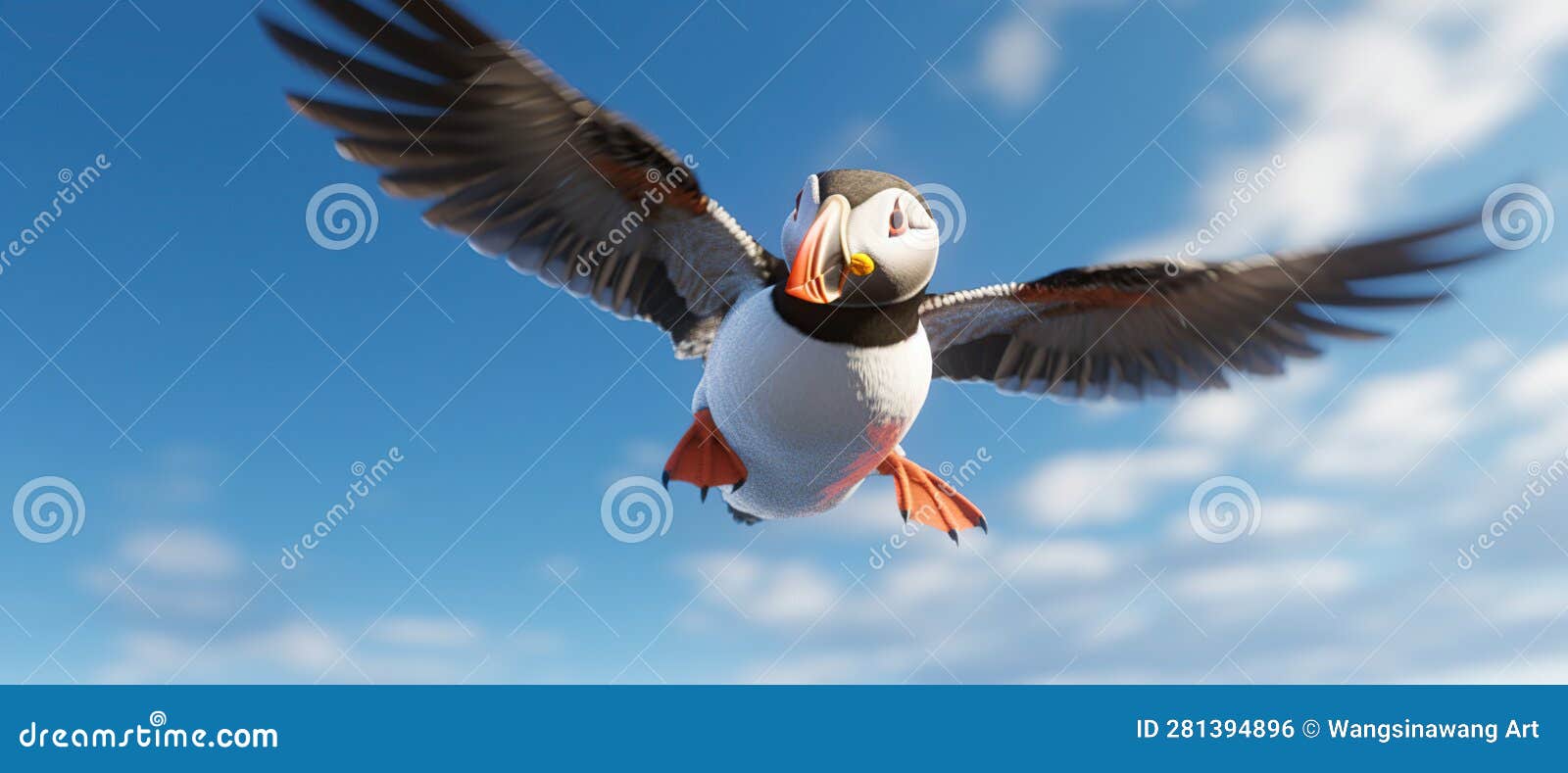 Puffin Flying In The Sky Over The Sea. 3d Rendering Generative AI ...