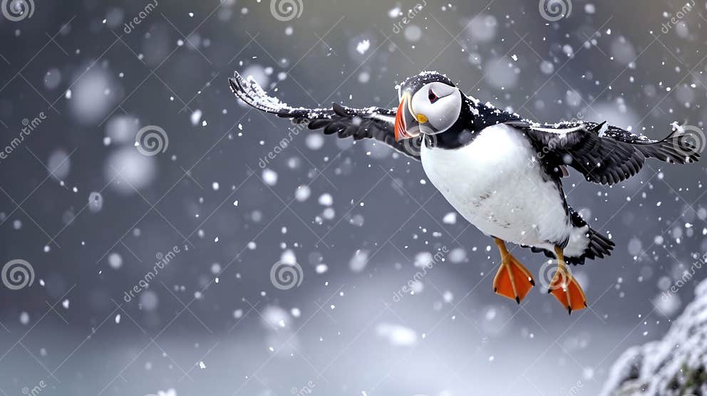 Atlantic Puffin Flying during Snowfall. Stock Photo - Image of cold ...