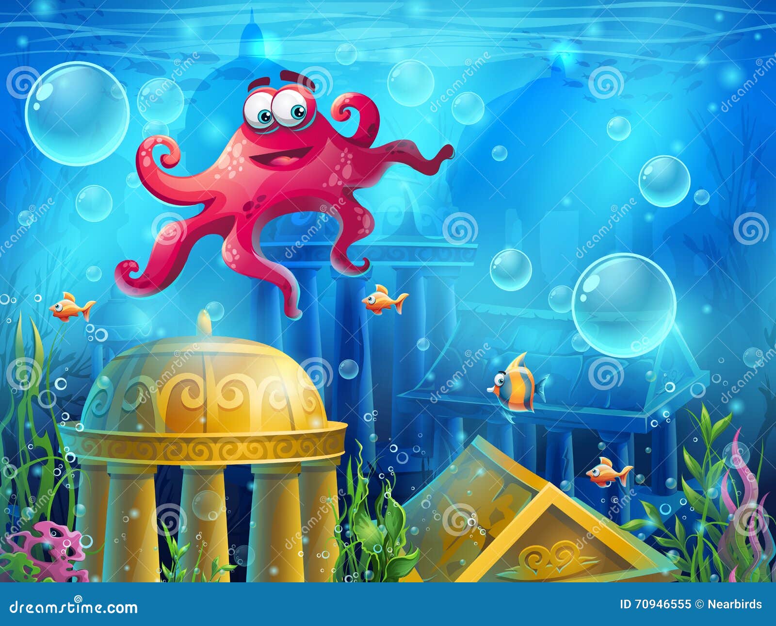 Atlantis Ruiniert Karikaturkrake - Vector Hintergrundillustration ...