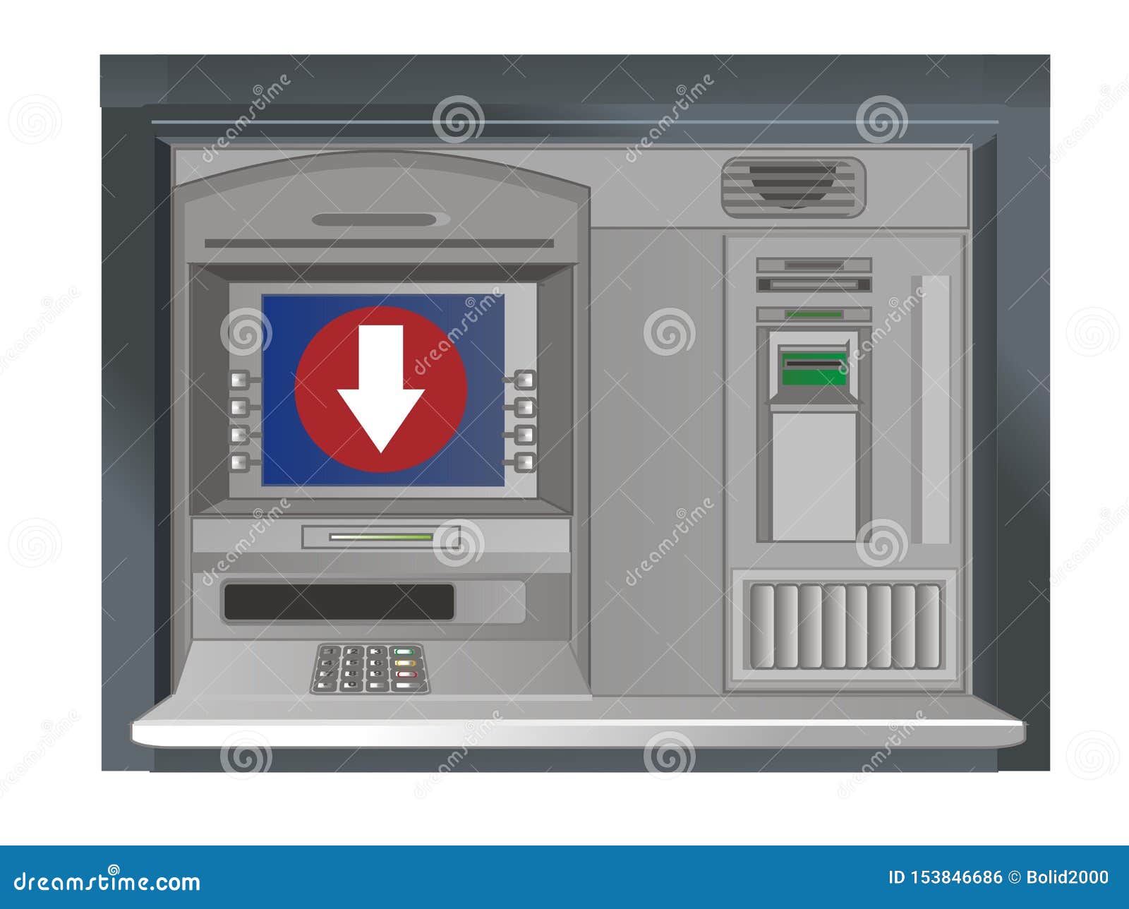 ATM and arrow down stock illustration. Illustration of card - 153846686