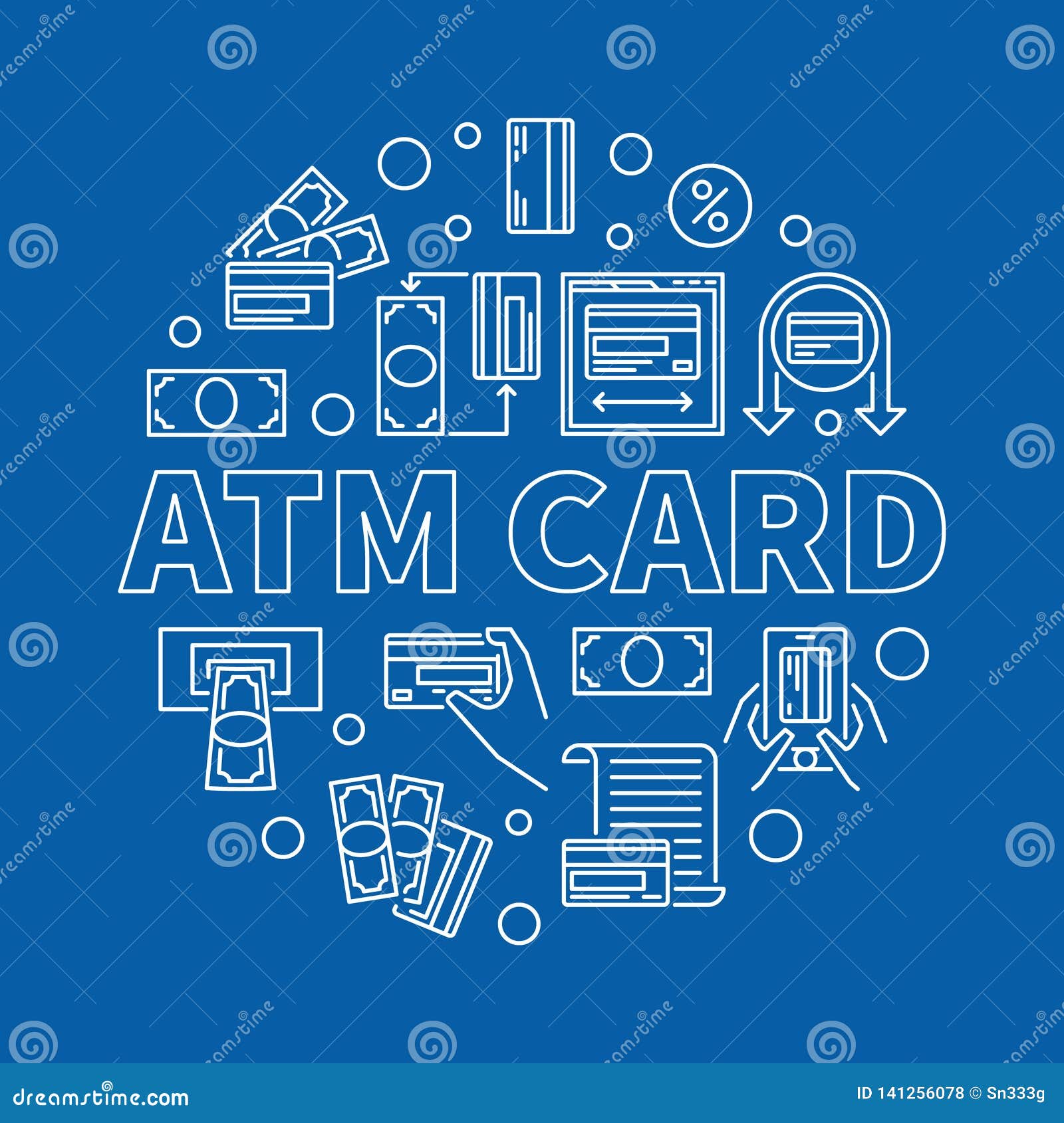 ATM Card Vector Round Linear Illustration on Blue Background Stock ...