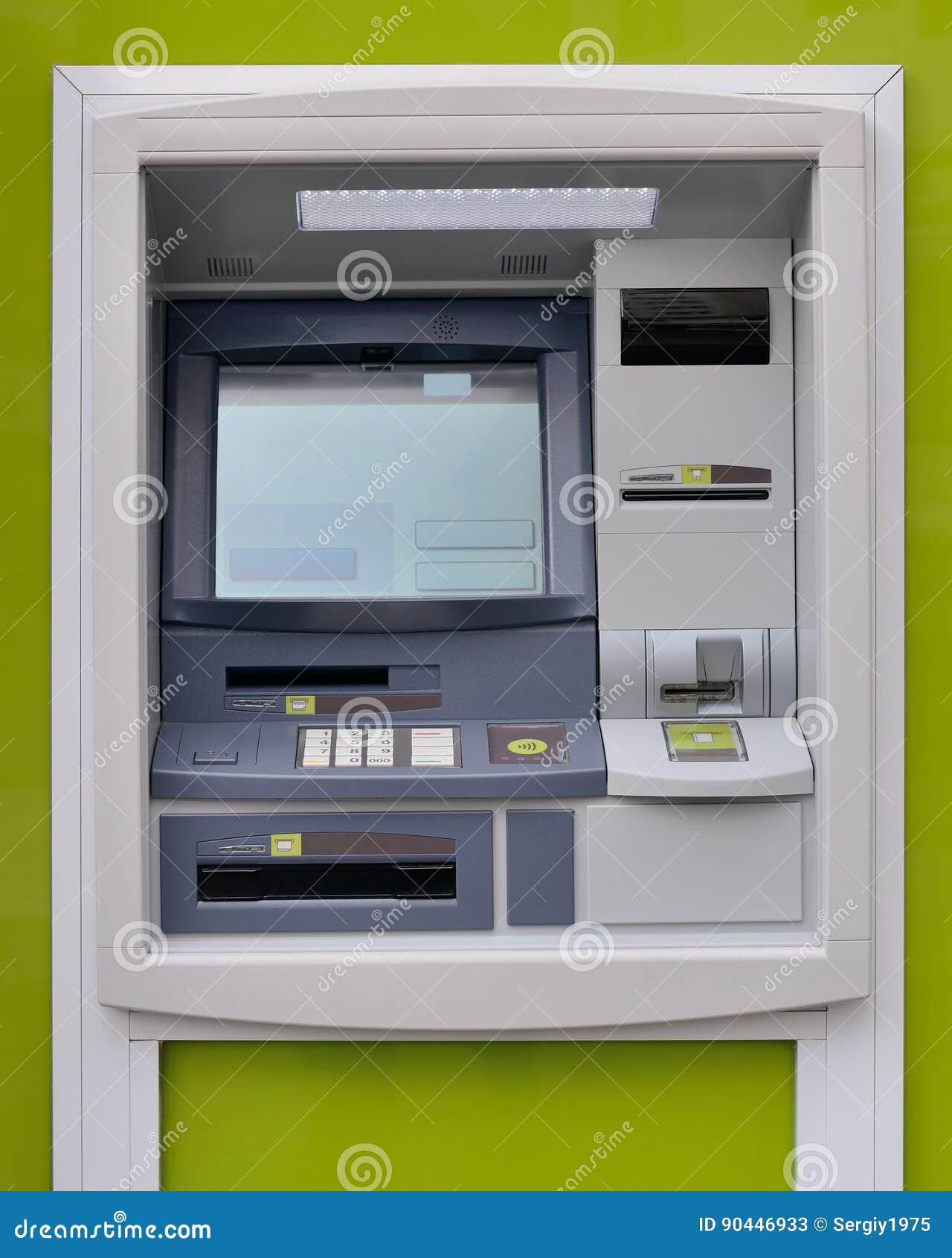 ATM on a green background stock image. Image of bancomat - 90446933