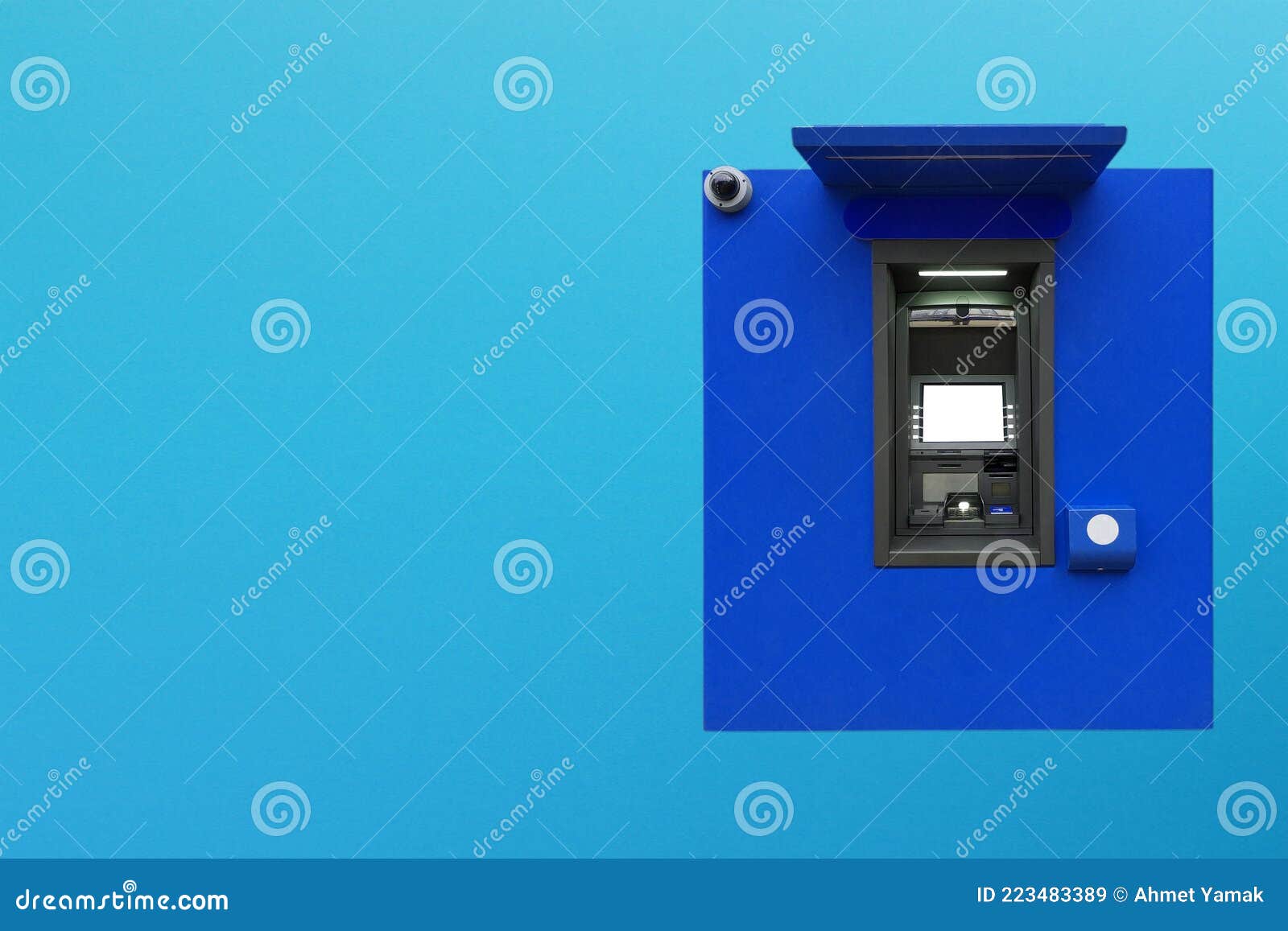 Atm Machine with Copy Space on Blue Background Stock Image - Image of ...