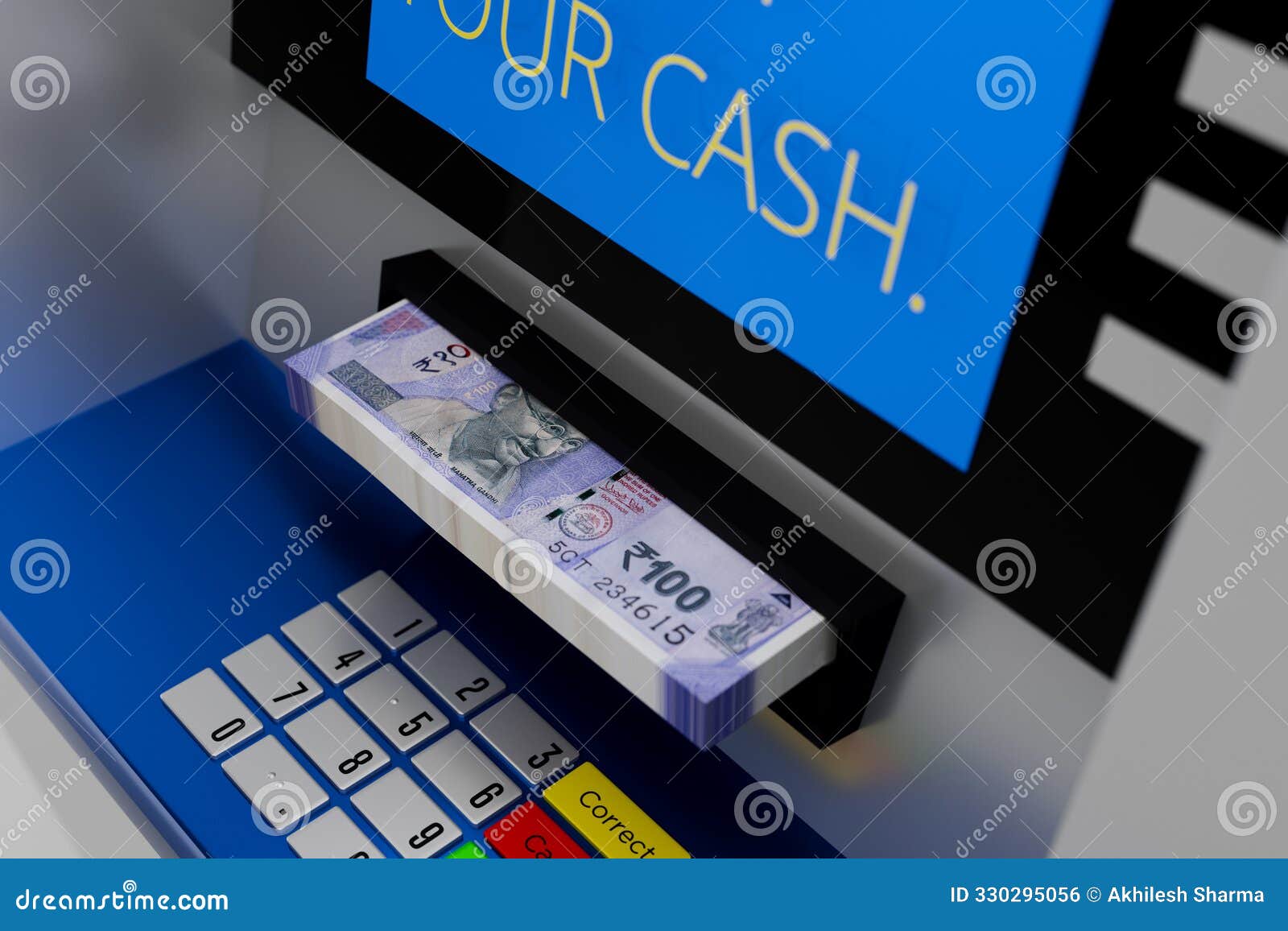 ATM Machine Closeup with Indian Rupee 100 Note Bundle - 3D Illustration ...