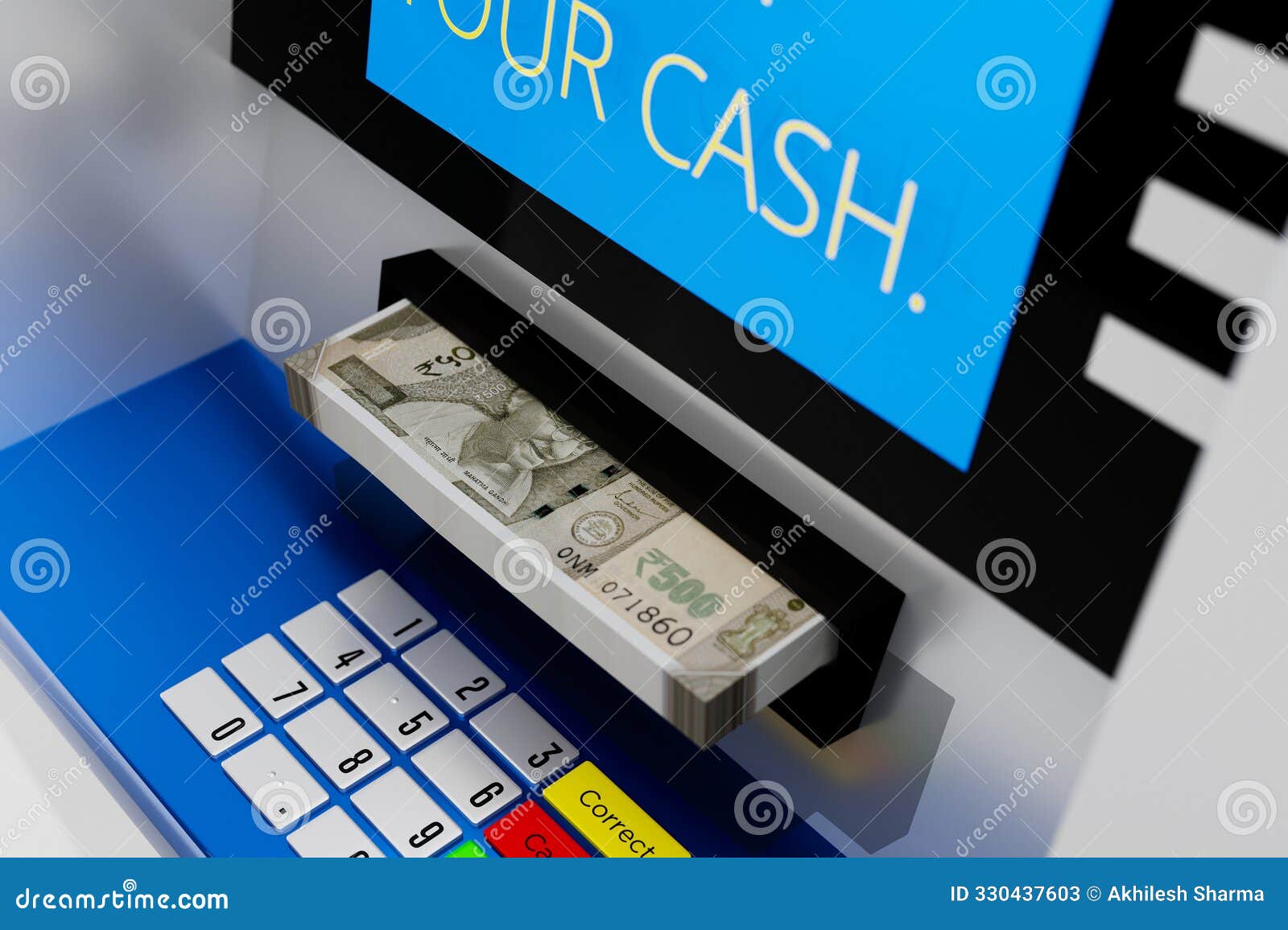 ATM Machine Closeup with Indian Rupee 500 Note Bundle - 3D Illustration ...