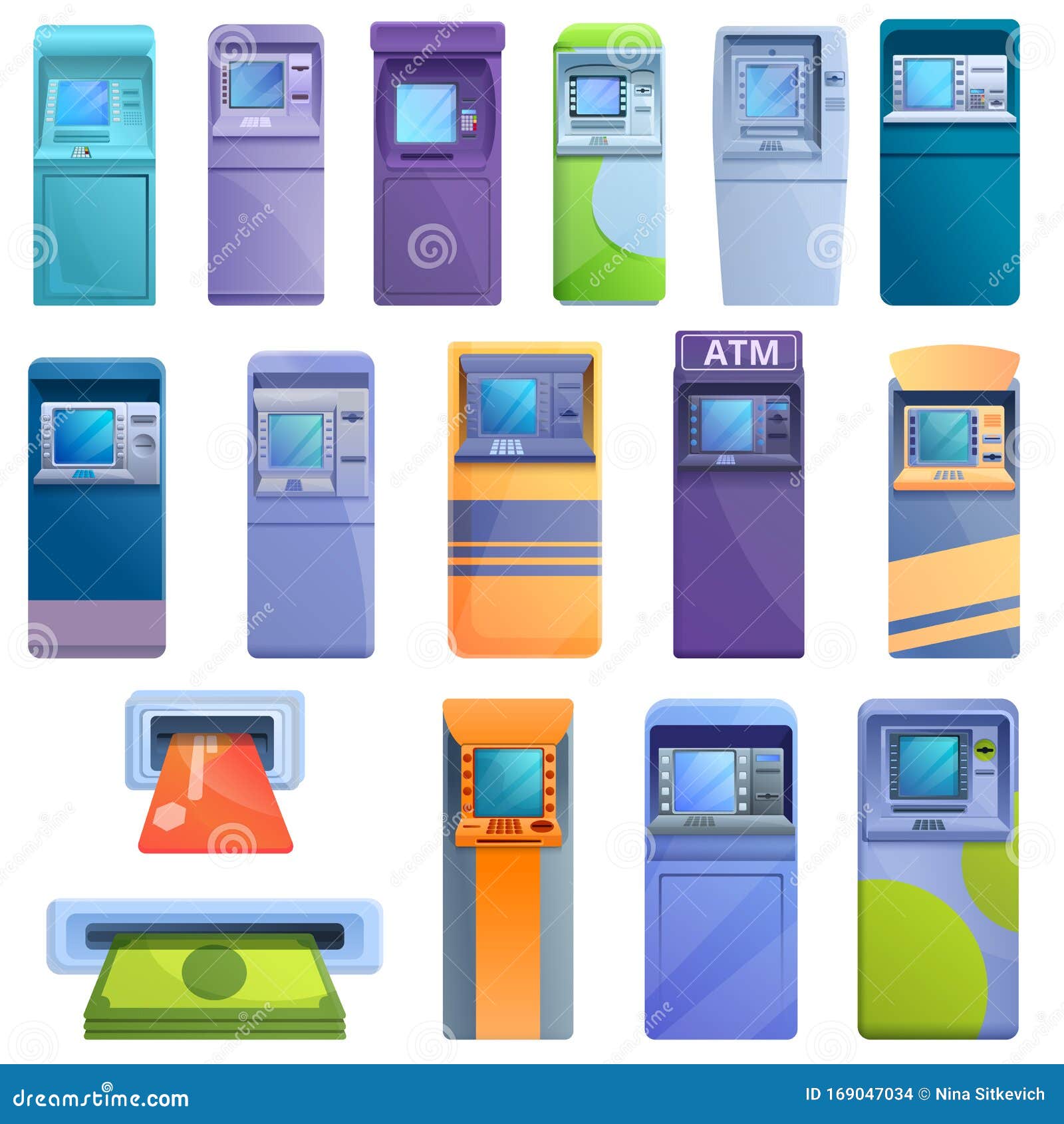 Atm Machine Icons Set, Cartoon Style Stock Vector - Illustration of ...