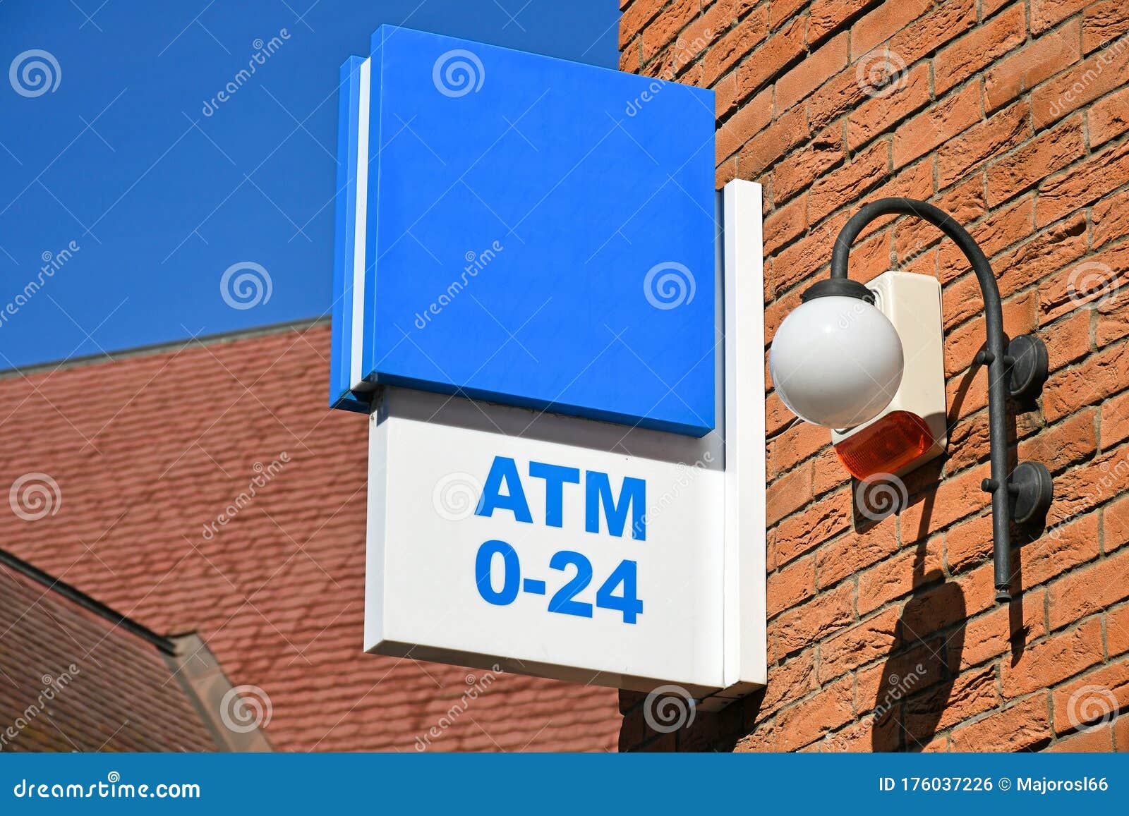 ATM Sign on the Wall of the Bank Building Stock Photo - Image of lamp ...