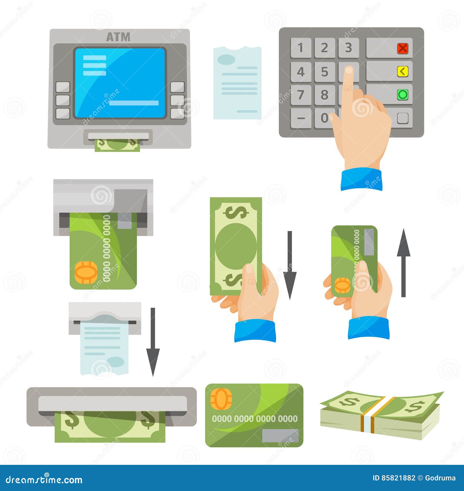 ATM Usage Concept Set with Money and Credit Card Stock Vector ...